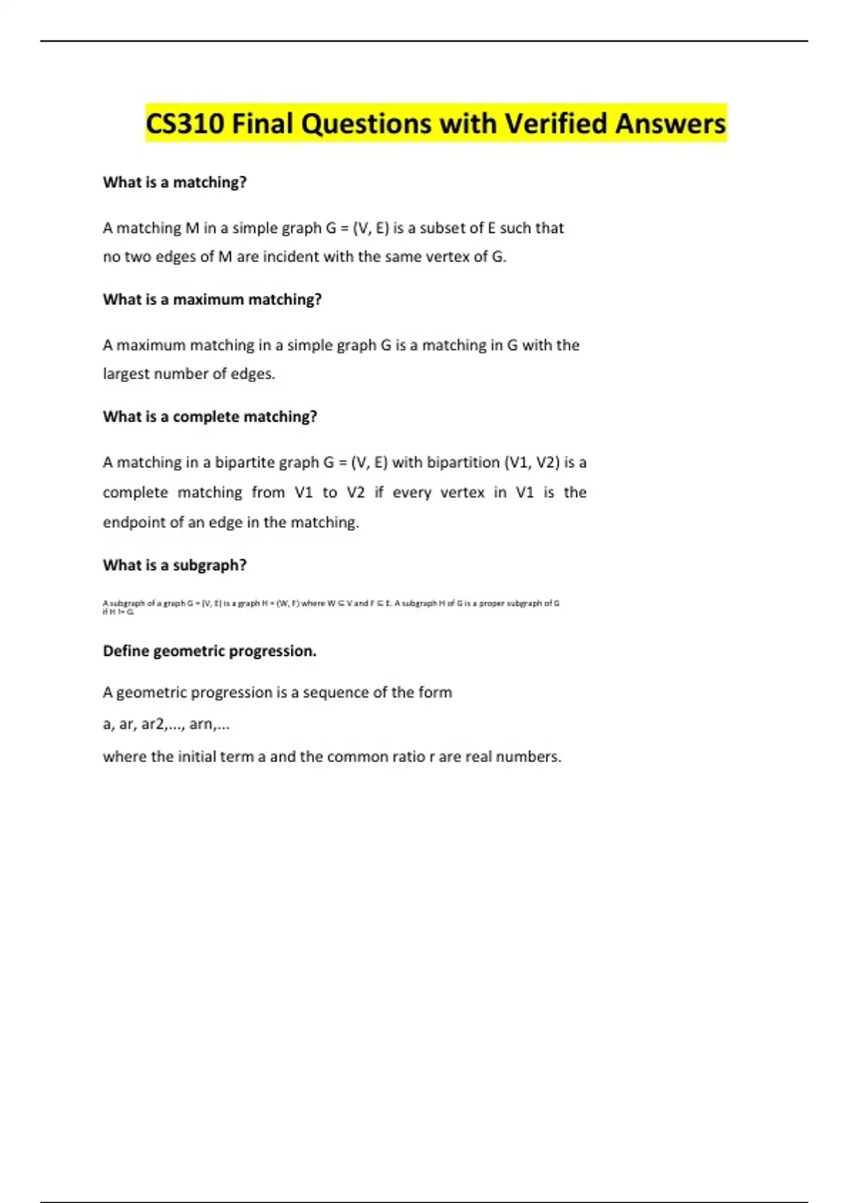 CS310 Final Questions with Verified Answers - CS310 - Stuvia US