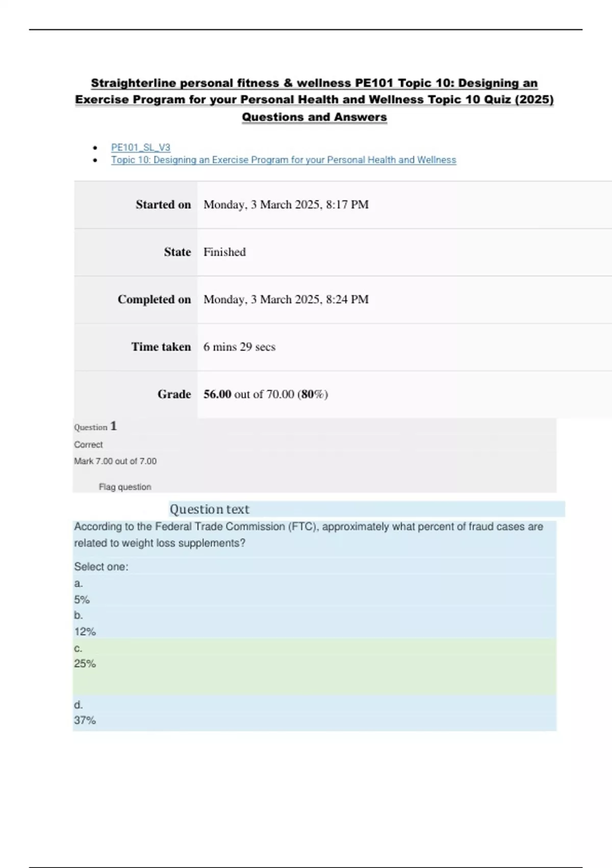 Straighterline personal fitness & wellness PE101 Topic 10: Designing an Exercise Program for ...