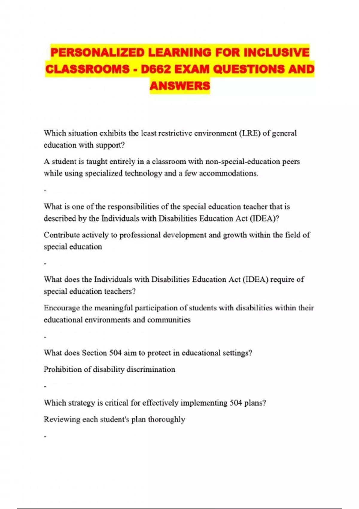 PERSONALIZED LEARNING FOR INCLUSIVE CLASSROOMS - D662 EXAM QUESTIONS ...