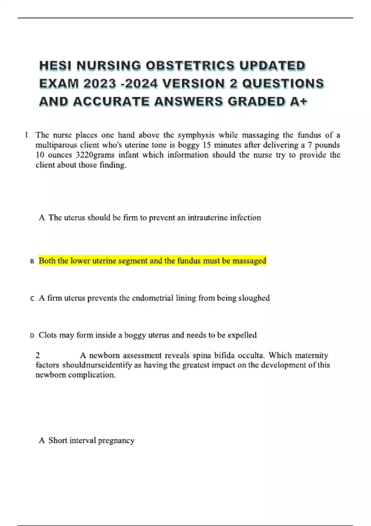 HESI NURSING OBSTETRICS EXAM VERSION 2 QUESTIONS AND ACCURATE ANSWERS ...
