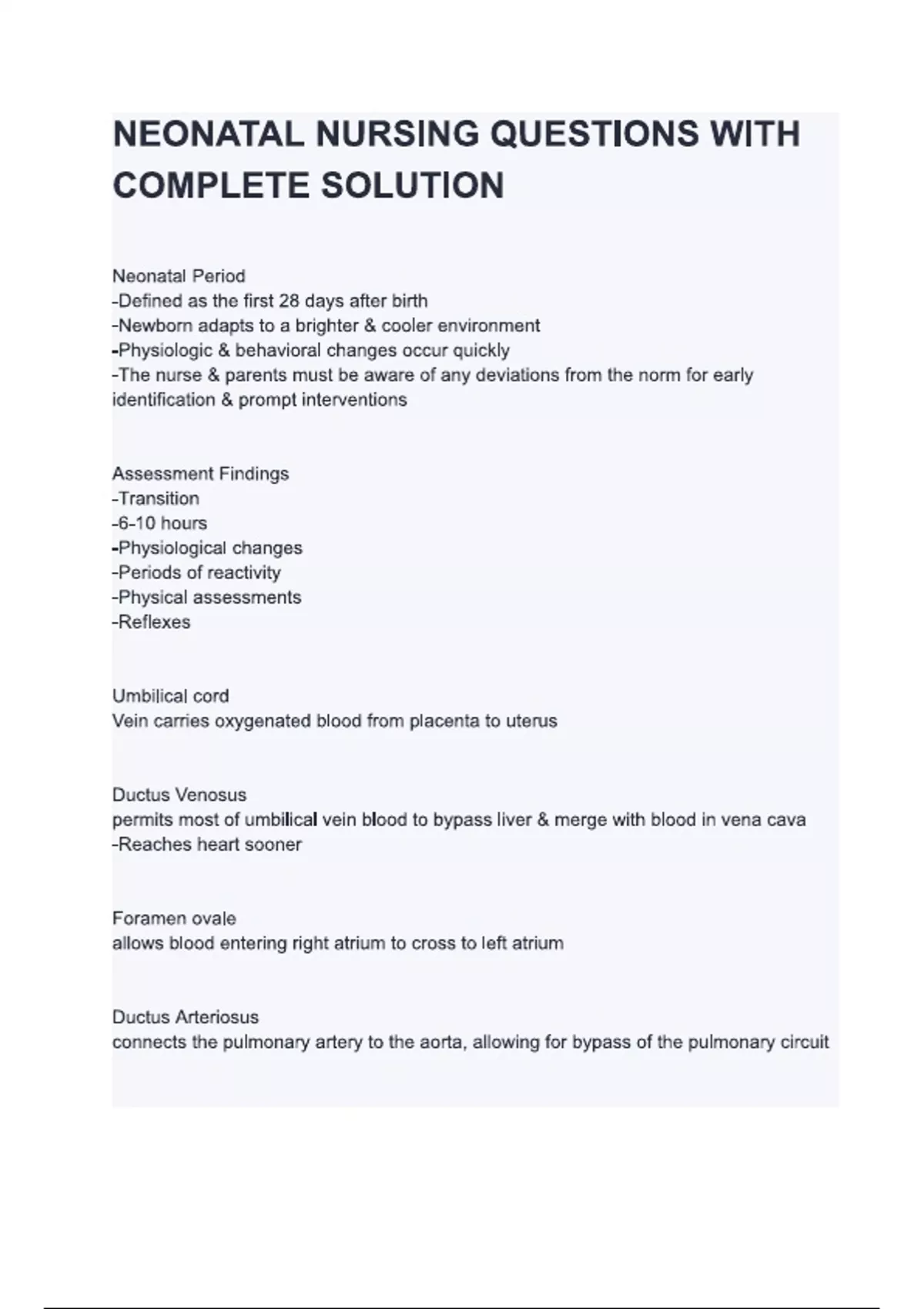 NEONATAL NURSING QUESTIONS WITH COMPLETE SOLUTION answers - NURSING ...