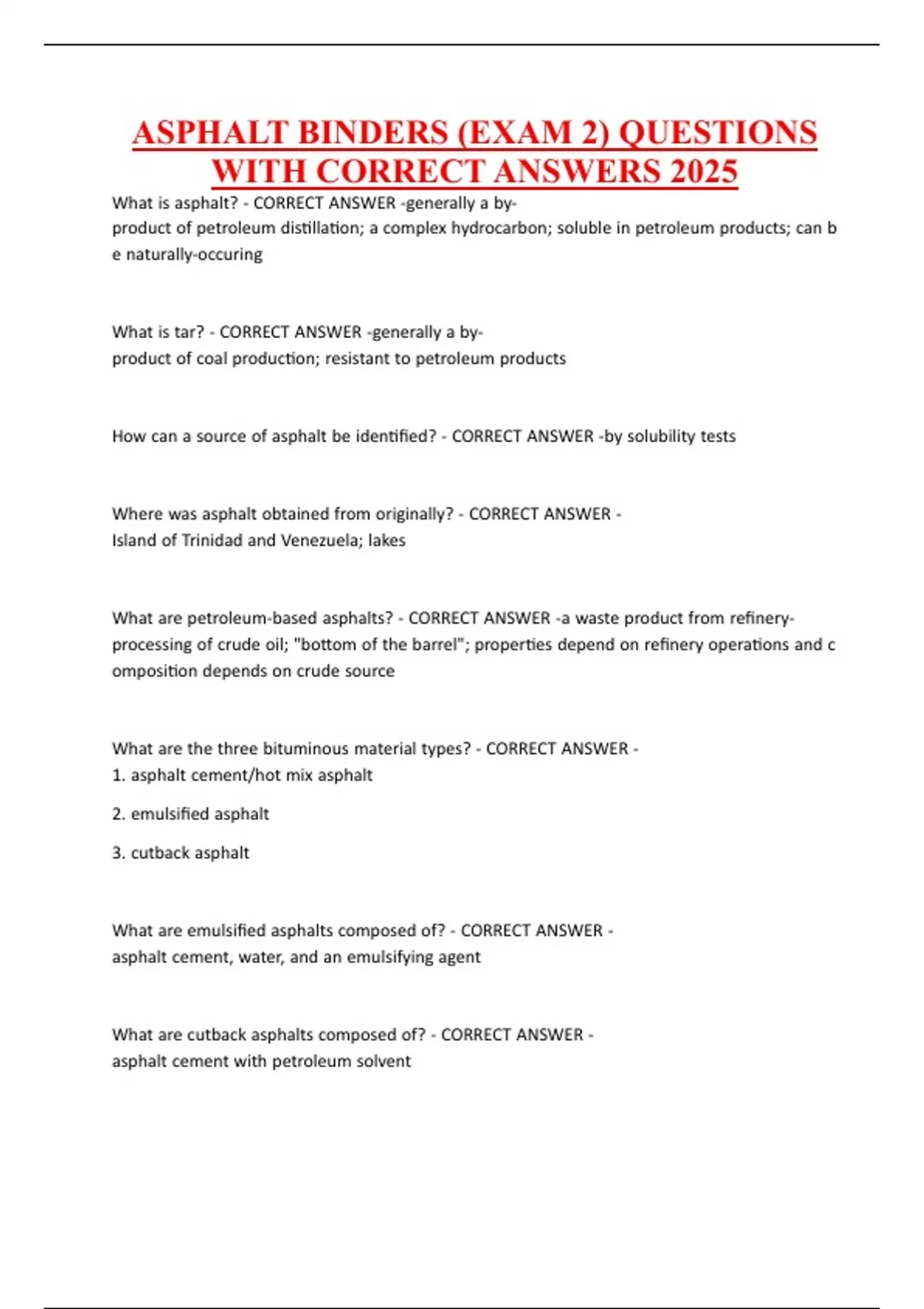 ASPHALT BINDERS (EXAM 2) QUESTIONS WITH CORRECT ANSWERS 2025 - ASPHALT ...