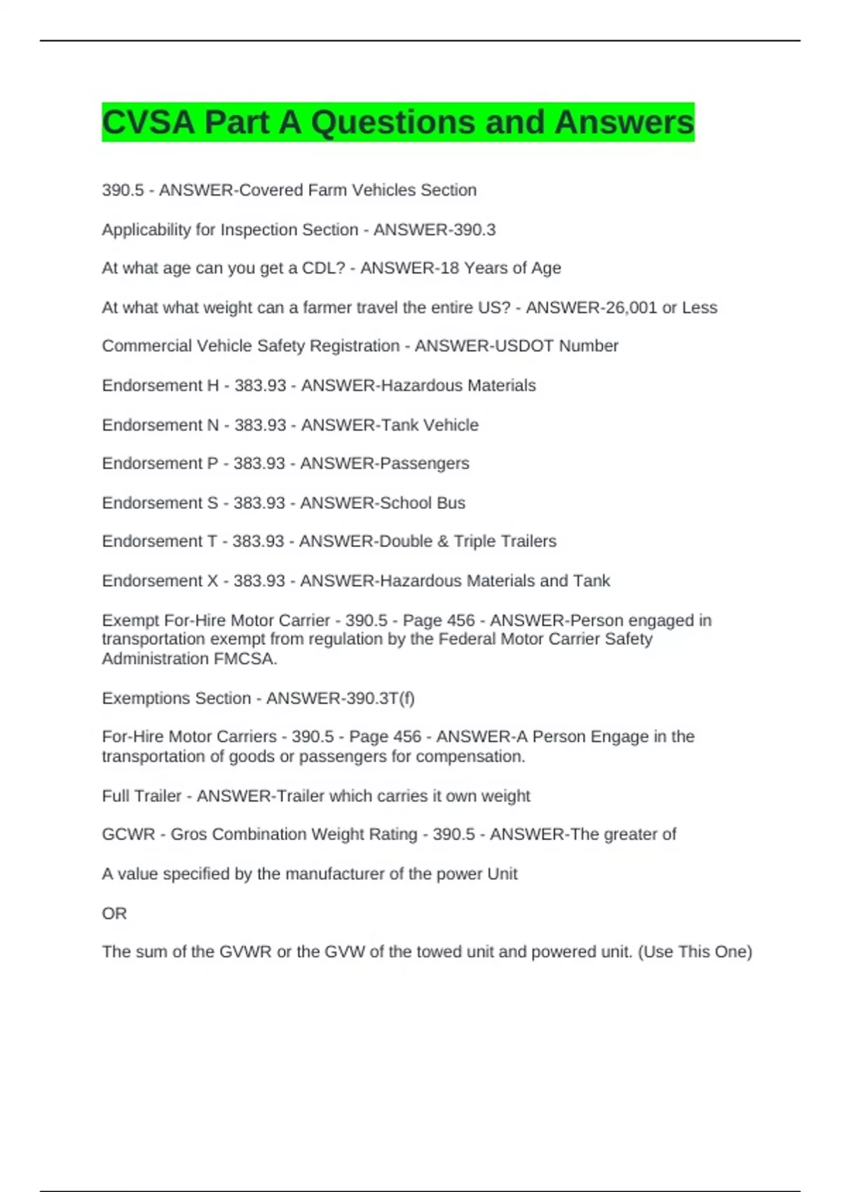 CVSA Part A Questions and Answers - CVSA - Stuvia US