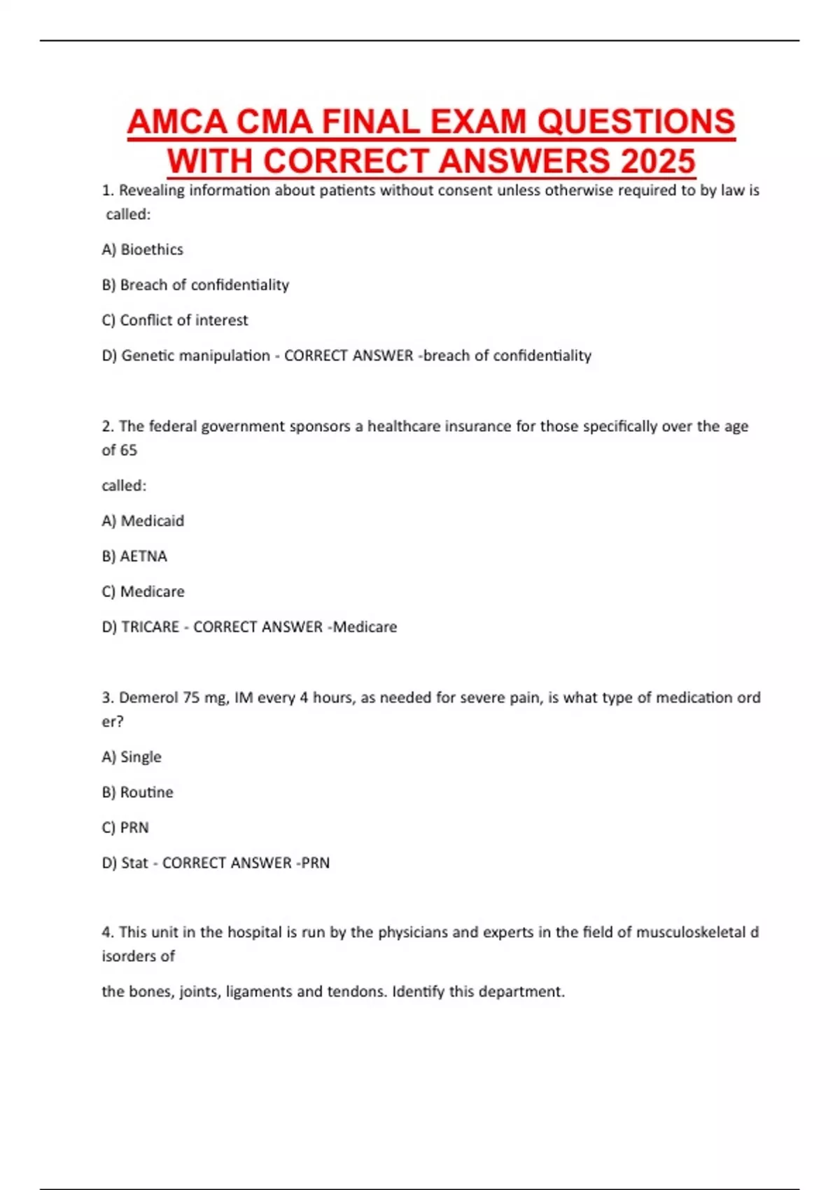 AMCA CMA FINAL EXAM QUESTIONS WITH CORRECT ANSWERS 2025 - AMCA - Stuvia US
