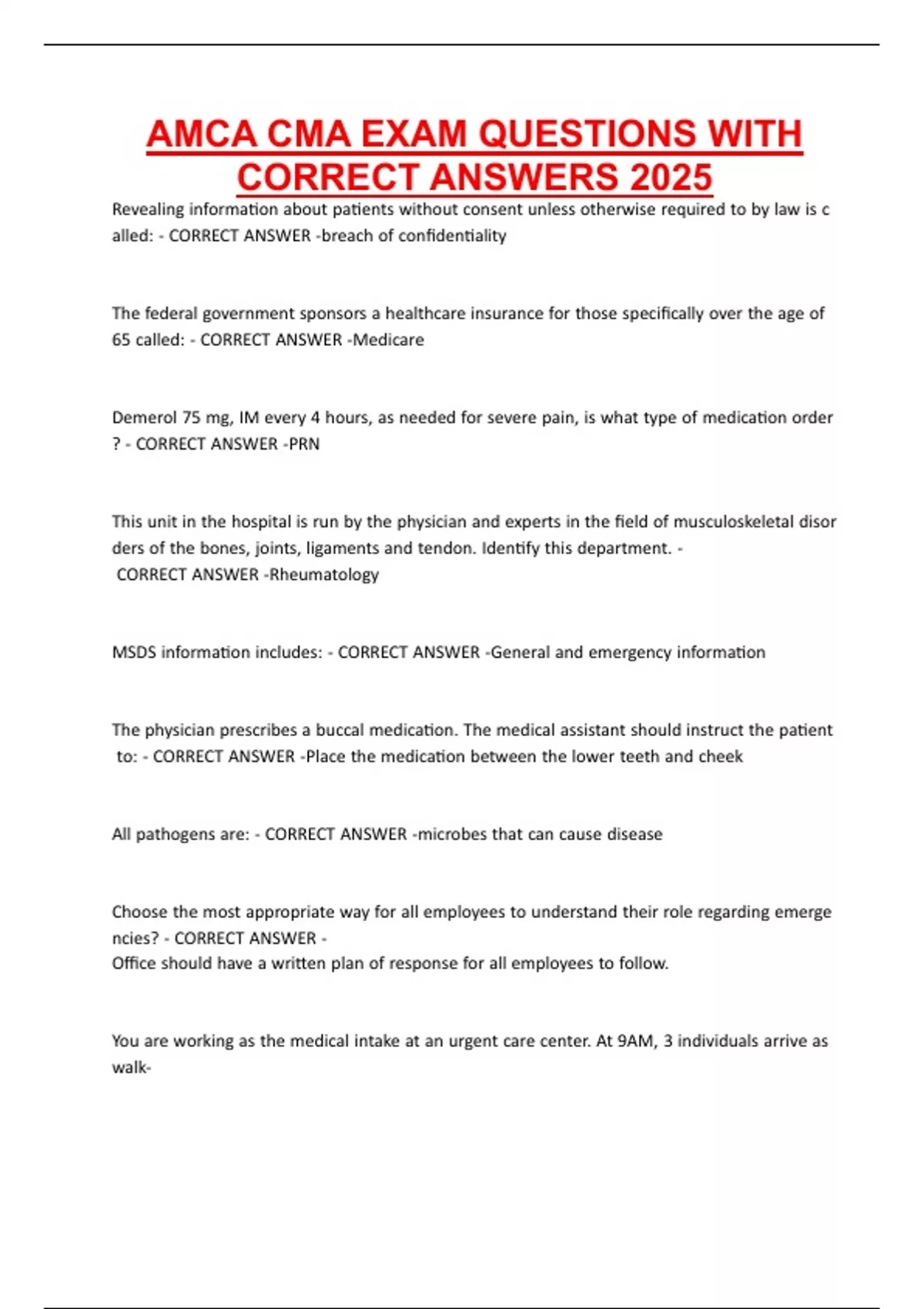 AMCA CMA EXAM QUESTIONS WITH CORRECT ANSWERS 2025 - AMCA - Stuvia US