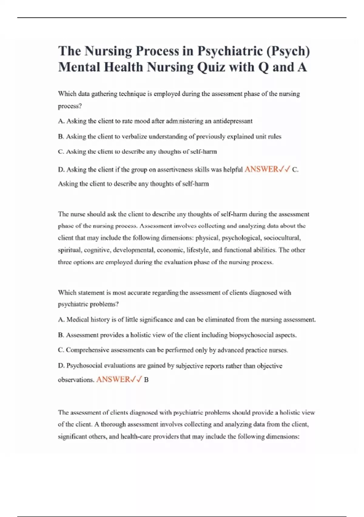 The Nursing Process in Psychiatric (Psych) Mental Health Nursing Quiz ...