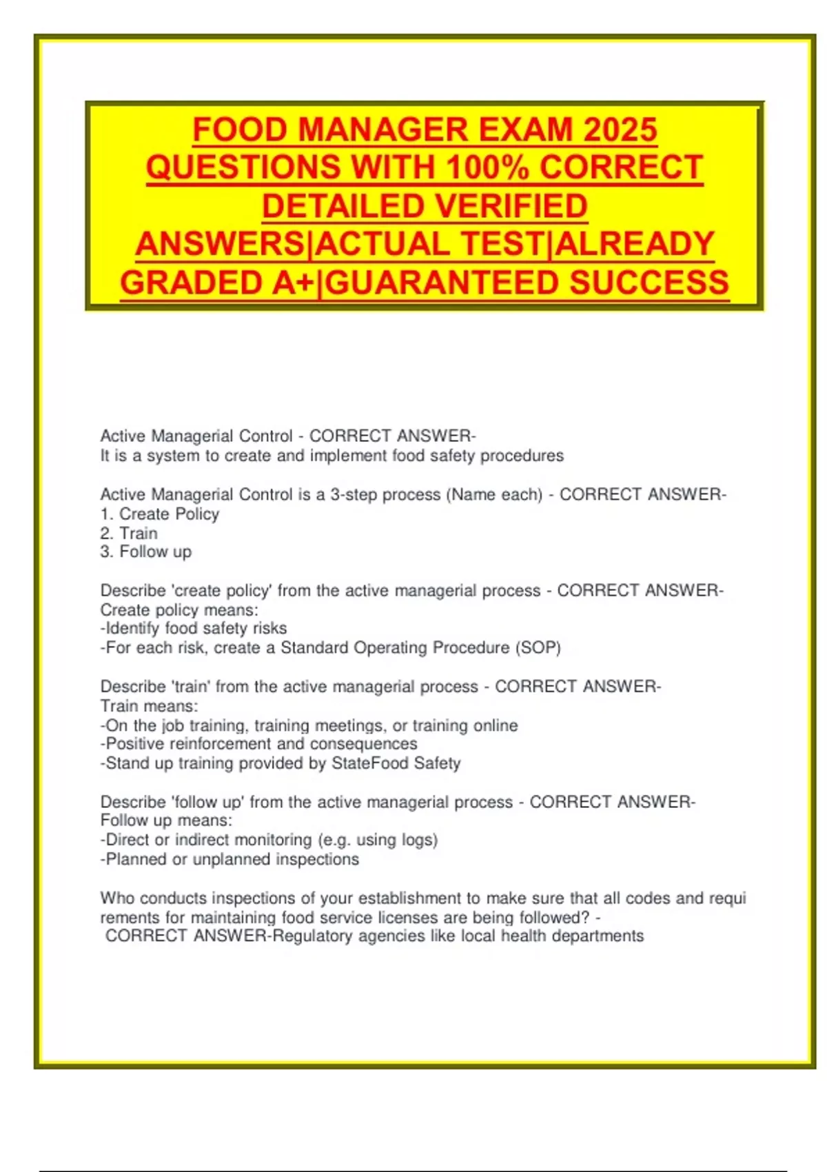 TEXAS FOOD MANAGER EXAM 2025 QUESTIONS WITH 100% CORRECT DETAILED ...