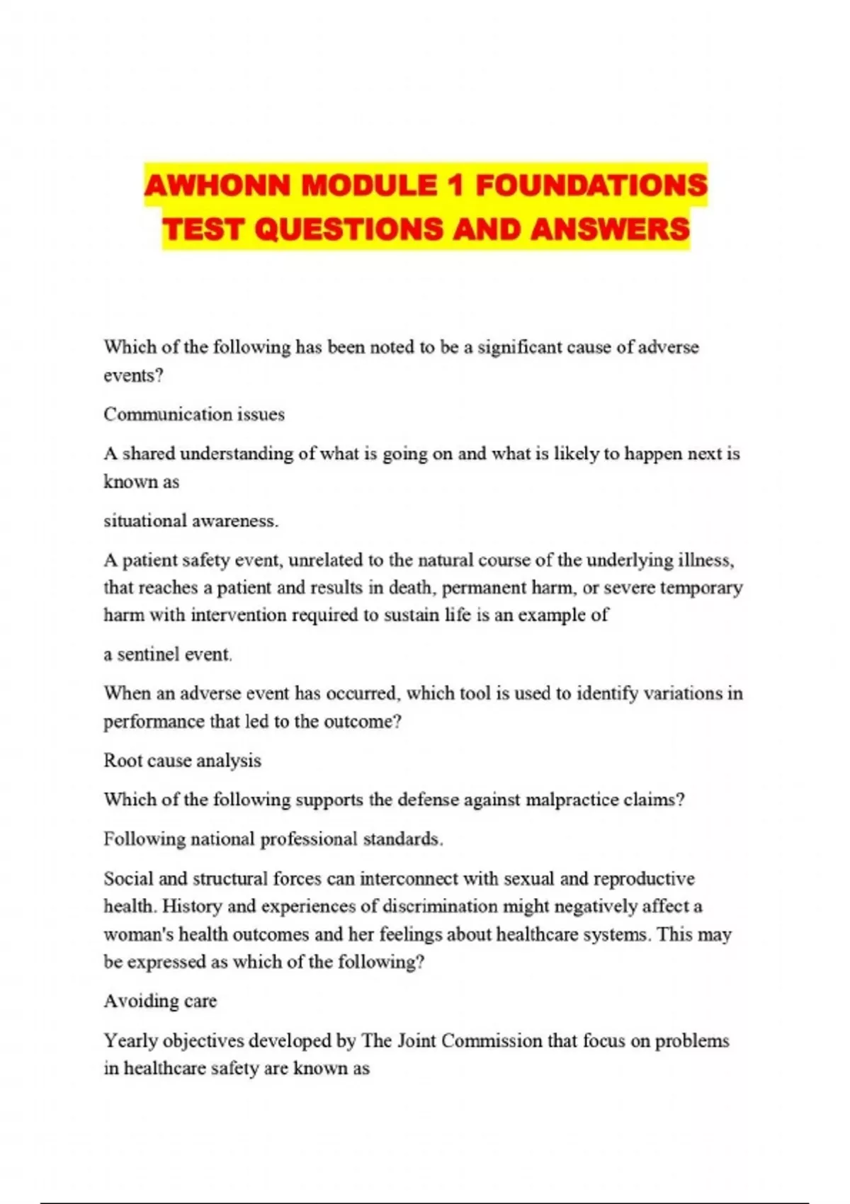 AWHONN MODULE 1 FOUNDATIONS TEST QUESTIONS AND ANSWERS - AWHONN - Stuvia US