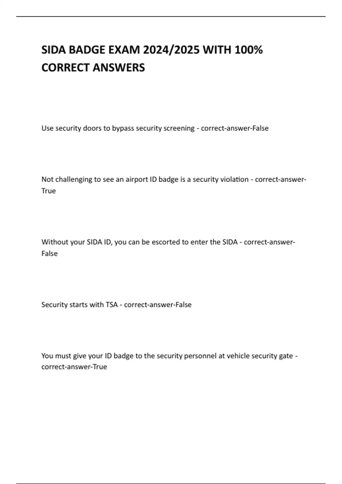 SIDA BADGE EXAM 2024/2025 WITH 100% CORRECT ANSWERS - SIDA BADGE ...