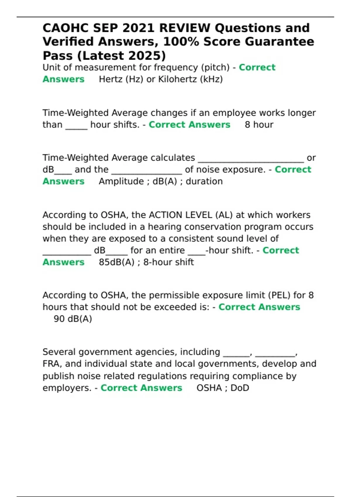 CAOHC SEP 2021 REVIEW Questions and Verified Answers, 100- Score ...
