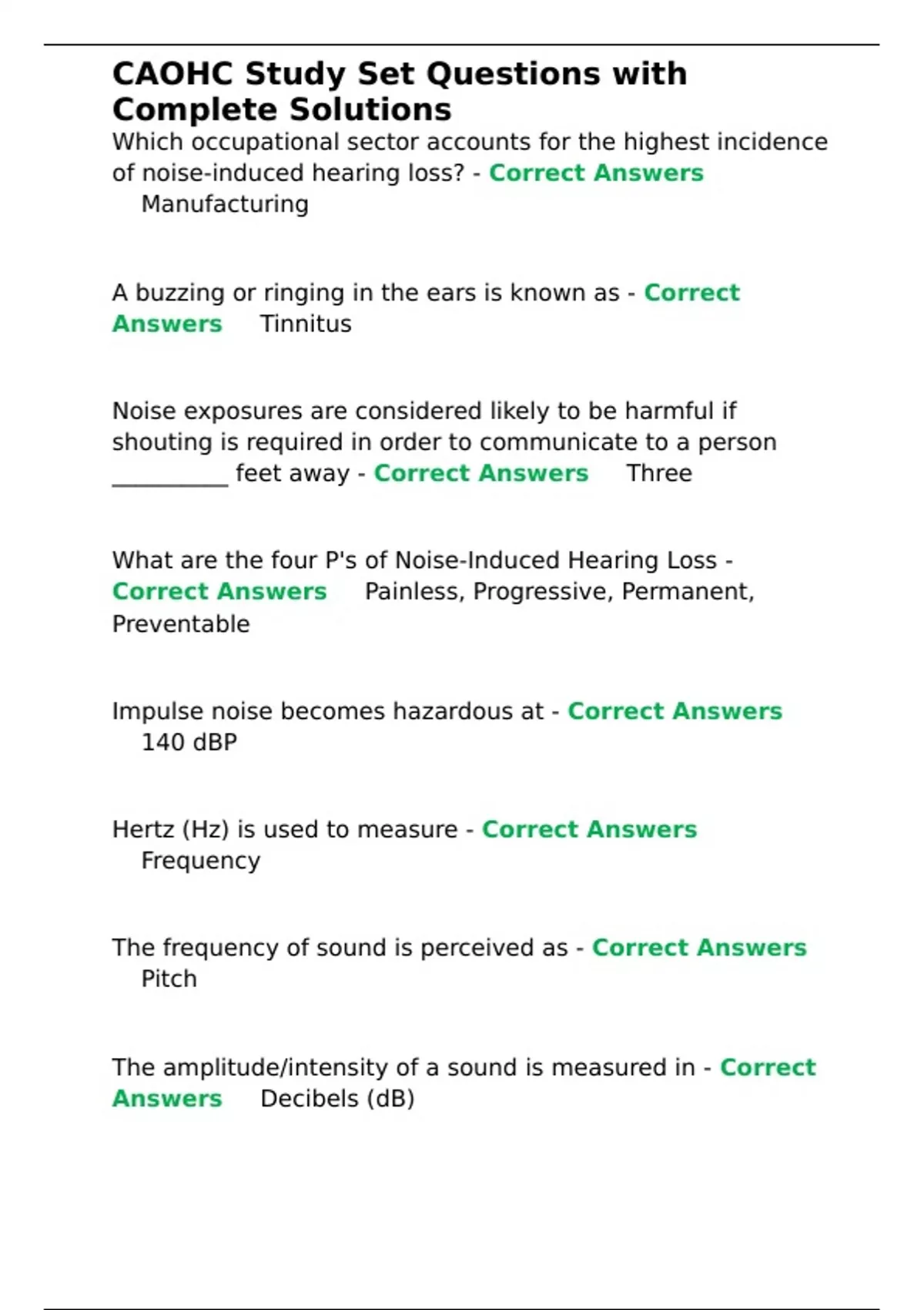 CAOHC Study Set Questions with Complete Solutions - CAOHC Exm - Stuvia US