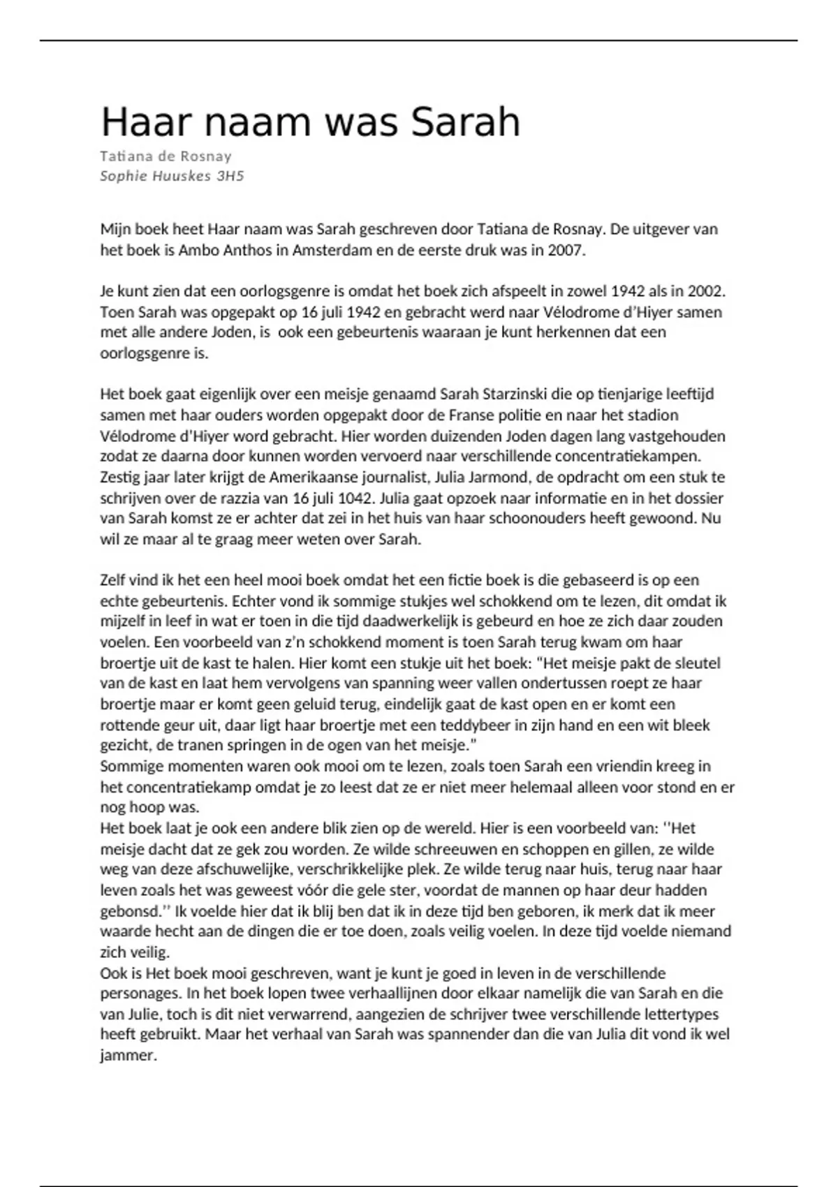 Boekverslag haar naam was sarah - Nederlands - Stuvia NL