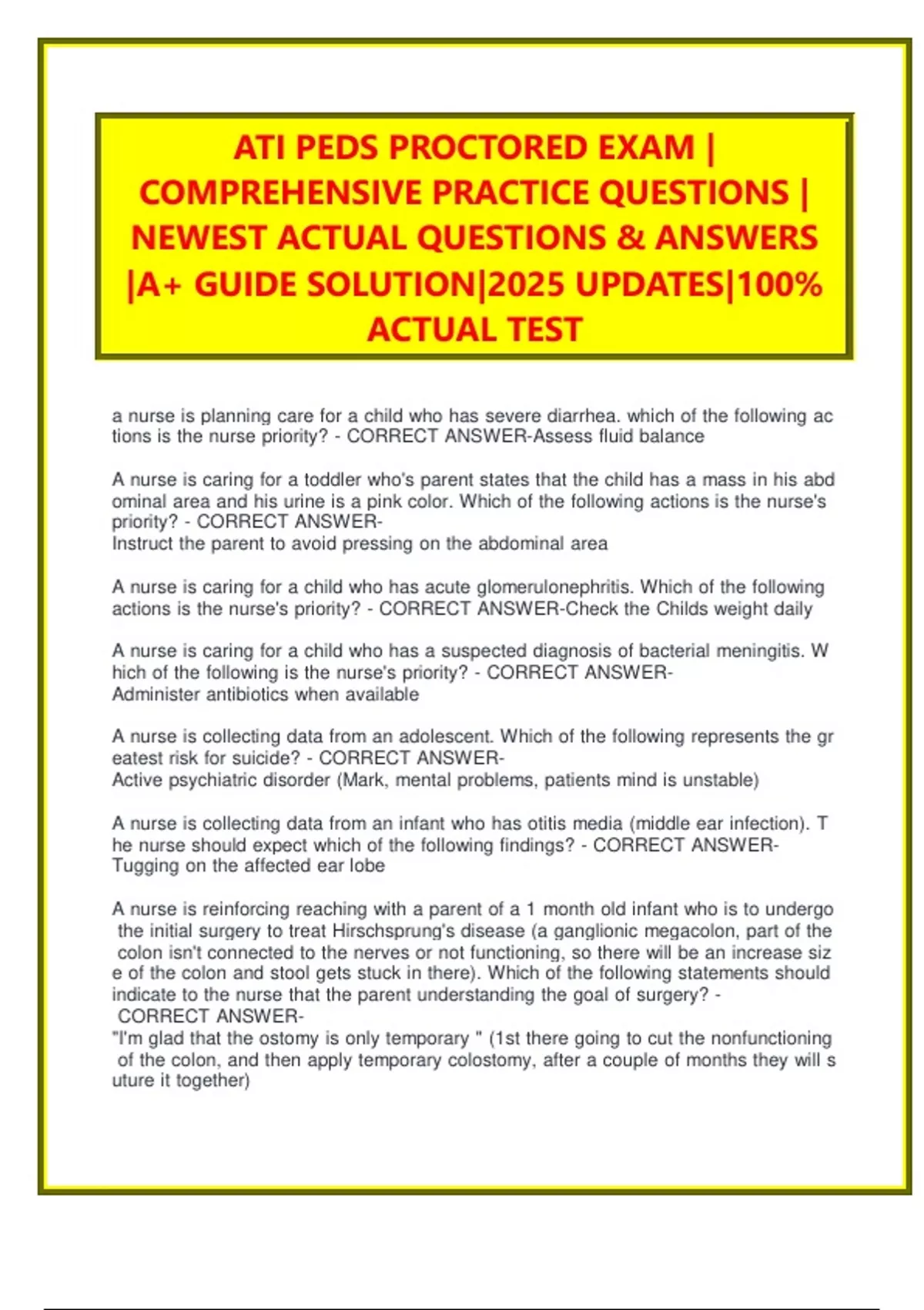 ATI PEDS PROCTORED EXAM | COMPREHENSIVE PRACTICE QUESTIONS | NEWEST ...
