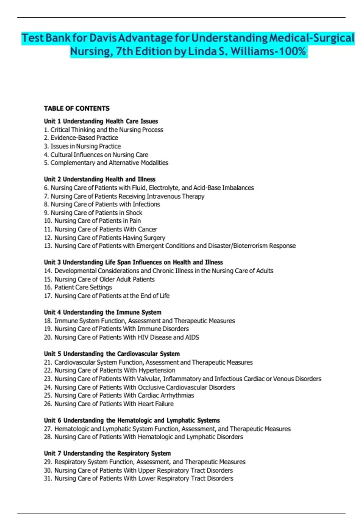 TEST BANK -Davis Advantage for Understanding Medical-Surgical Nursing ...