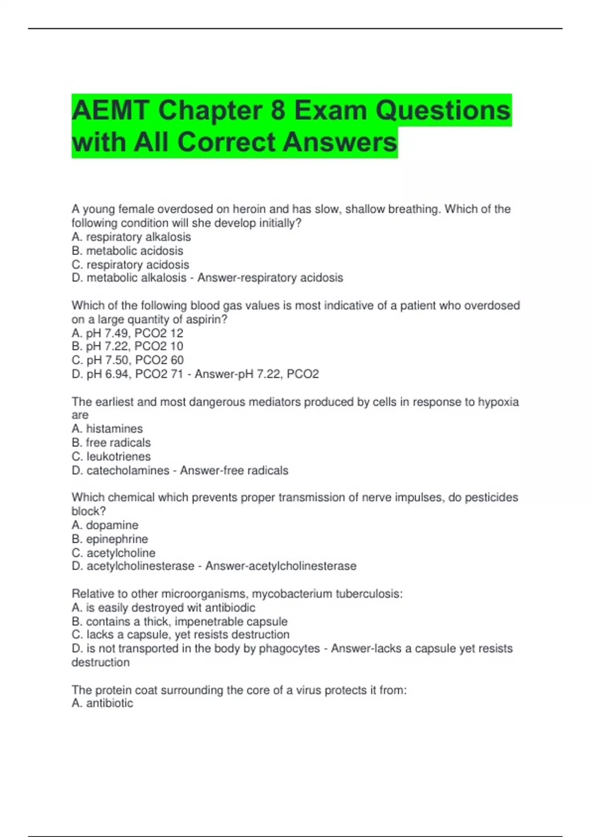 AEMT Chapter 8 Exam Questions with All Correct Answers - AEMT - Stuvia US
