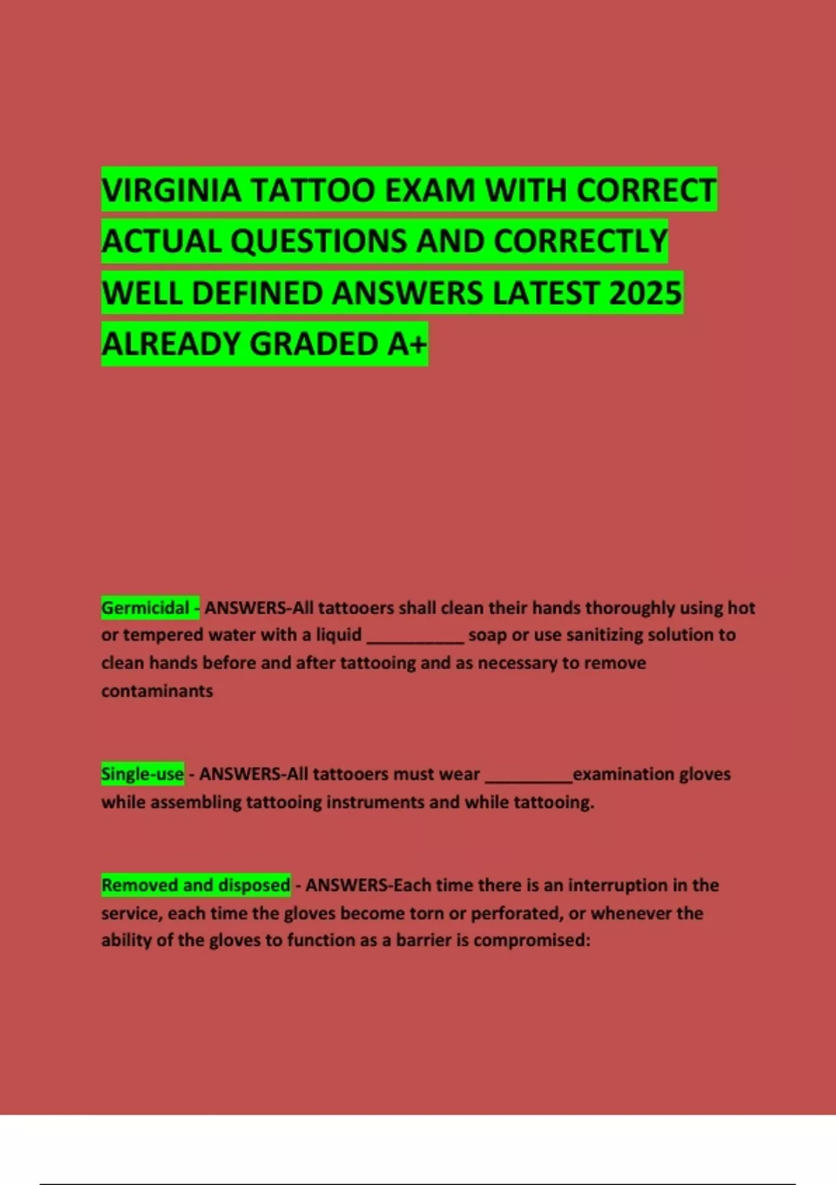 VIRGINIA TATTOO EXAM WITH CORRECT ACTUAL QUESTIONS AND CORRECTLY WELL ...