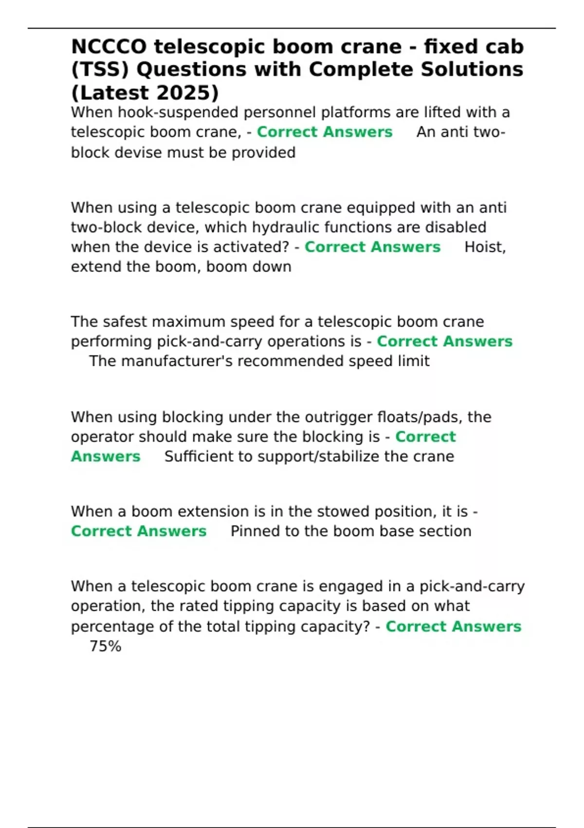 Summary NCCCO telescopic boom crane - fixed cab (TSS) Questions with ...