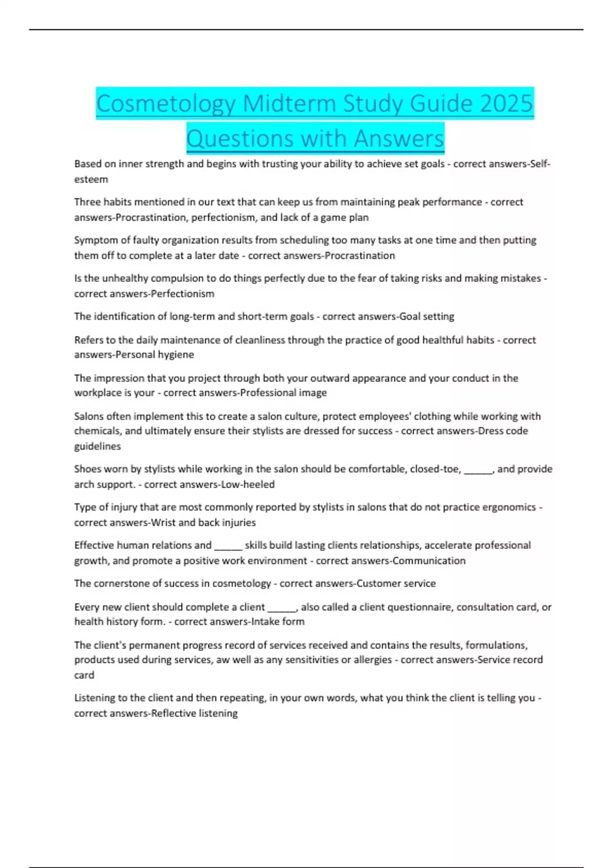 Cosmetology Midterm Study Guide 2025 Questions with Answers ...
