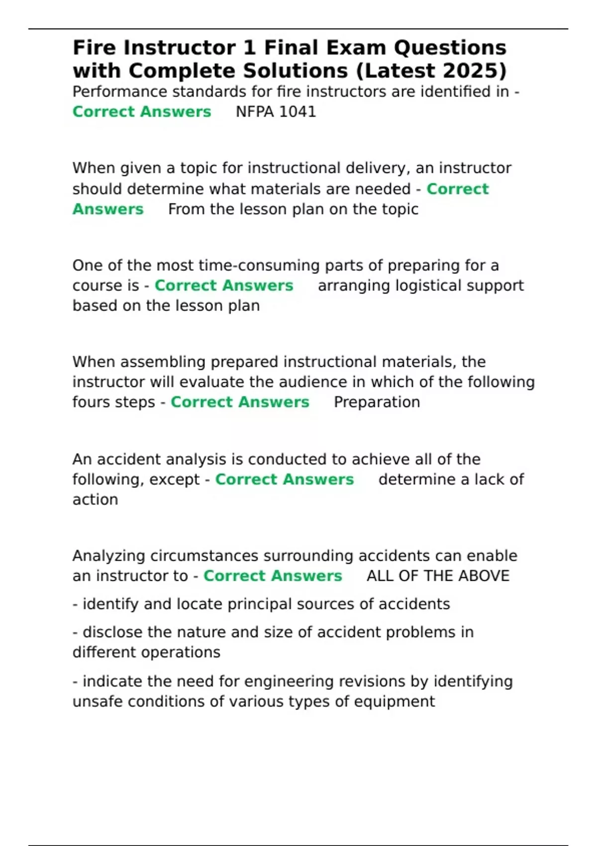 Fire Instructor 1 Final Exam Questions with Complete Solutions (Latest ...