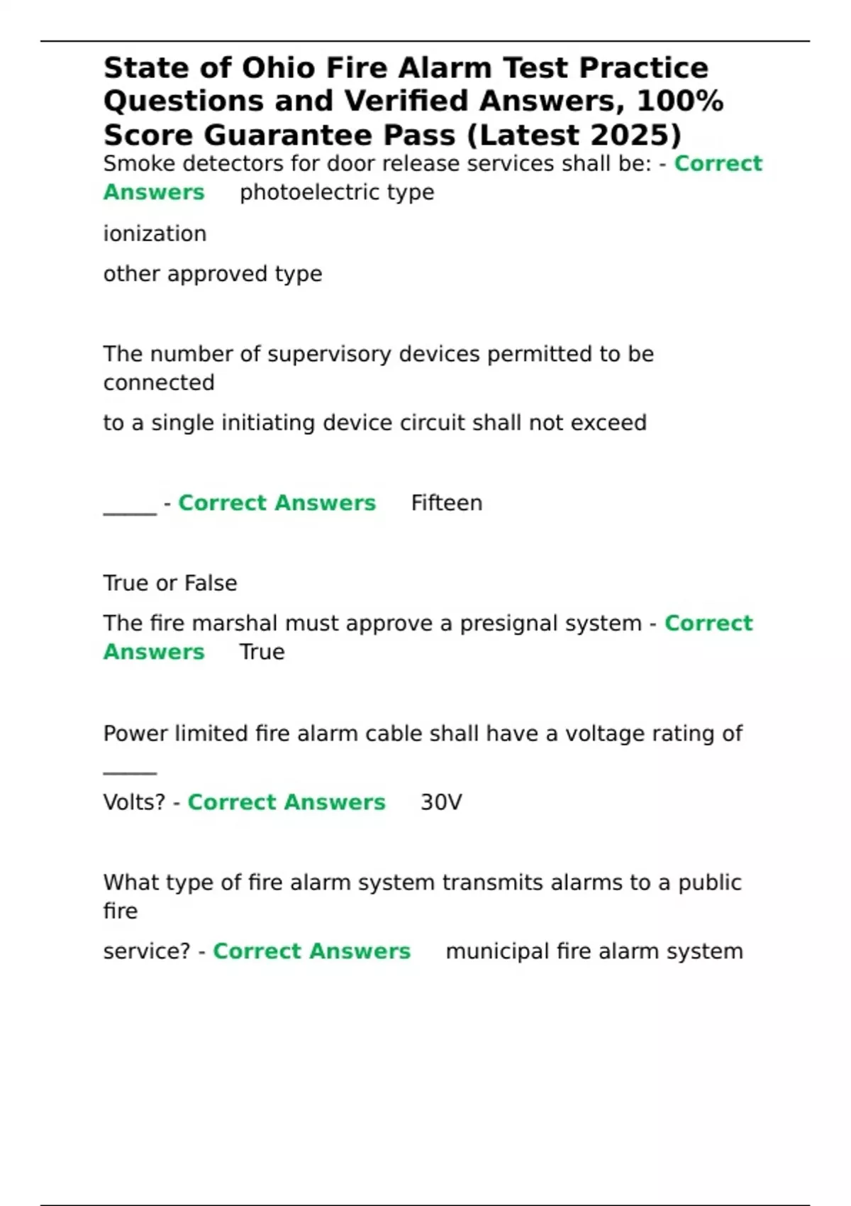 State of Ohio Fire Alarm Test Practice Questions and Verified Answers ...