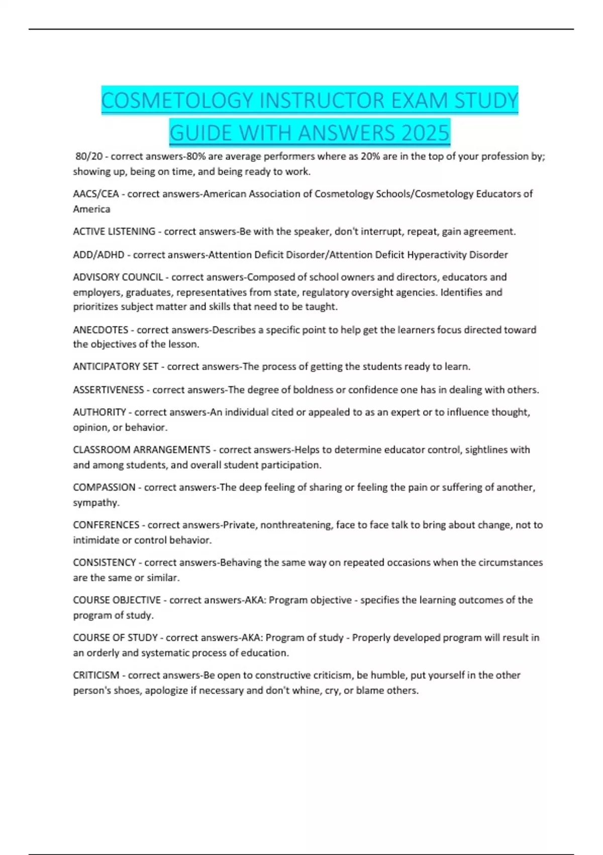 COSMETOLOGY INSTRUCTOR EXAM STUDY GUIDE WITH ANSWERS 2025 - Cosmetology ...
