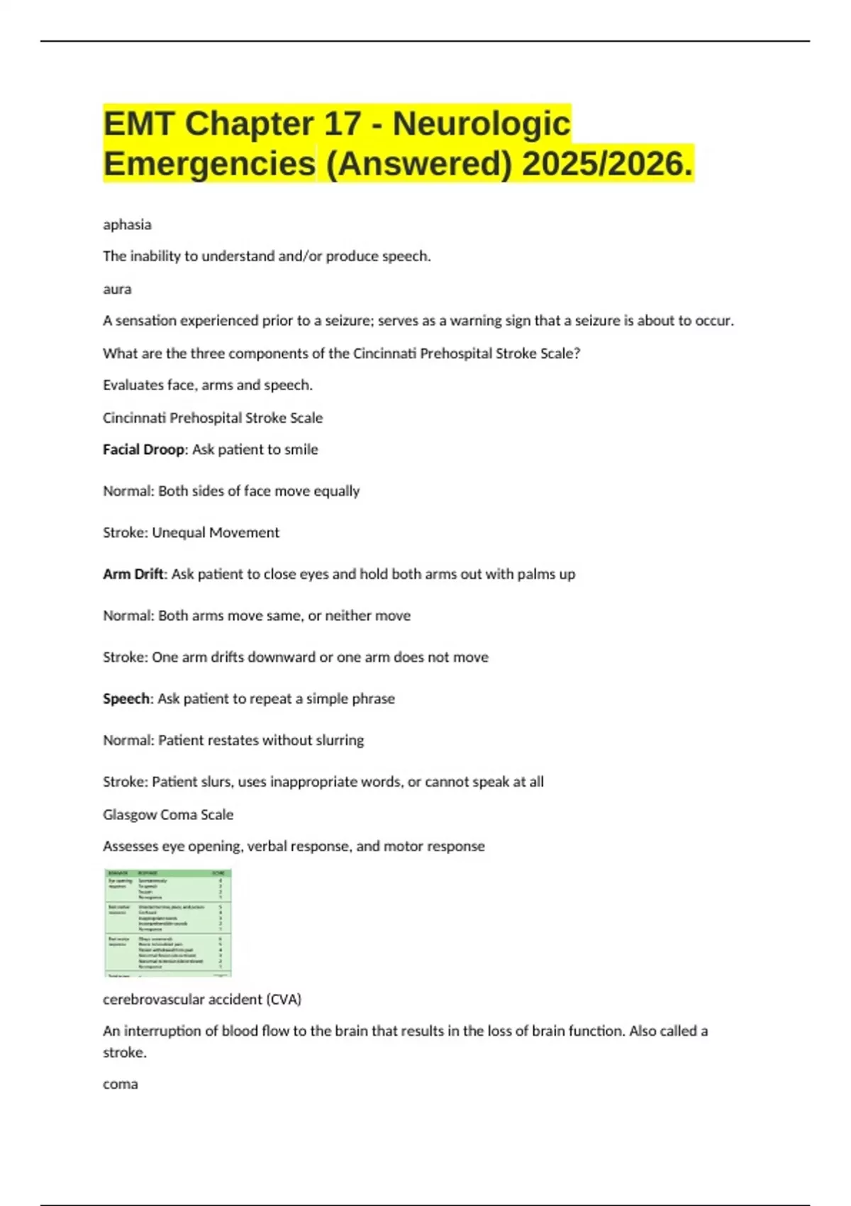 EMT Chapter 17 - Neurologic Emergencies (Answered) 2025/2026. - EMT ...