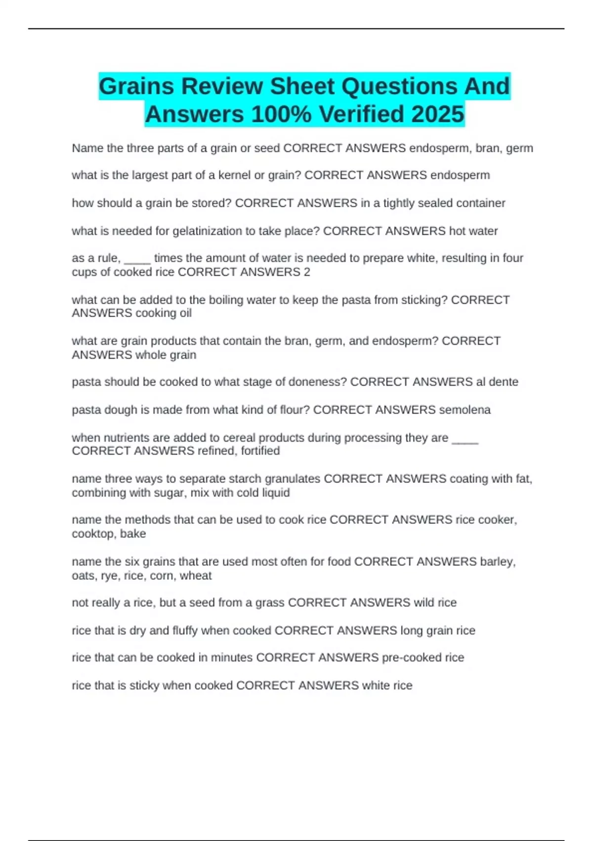 Grains Review Sheet Questions And Answers 100% Verified 2025 - Grain ...