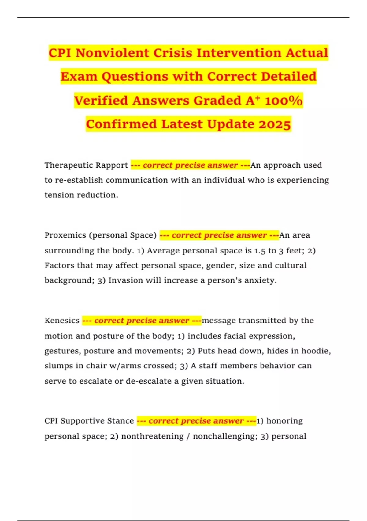 CPI Nonviolent Crisis Intervention Actual Exam Questions with Correct Detailed Verified Answers ...