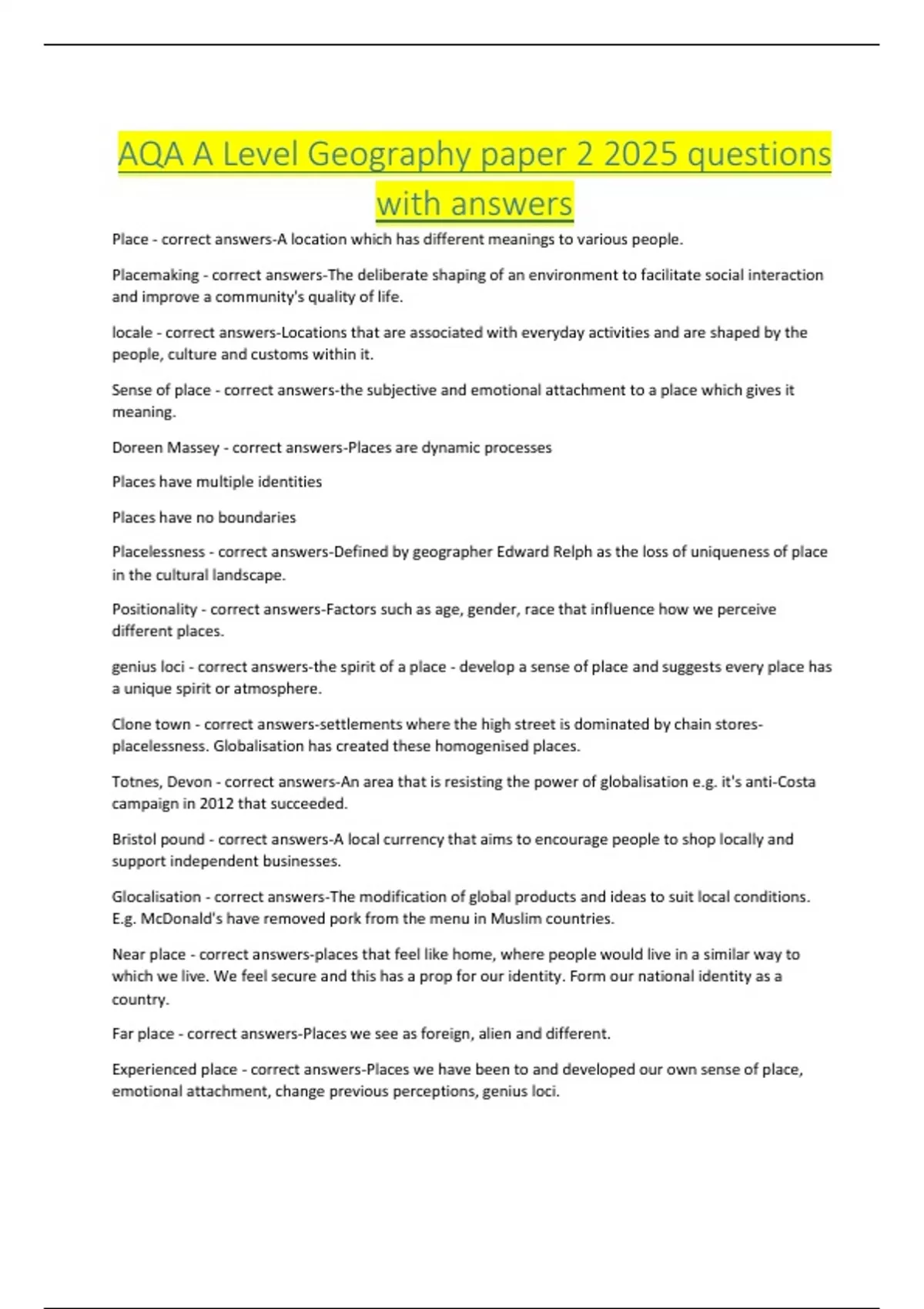 AQA A Level Geography paper 2 2025 questions with answers - Human ...