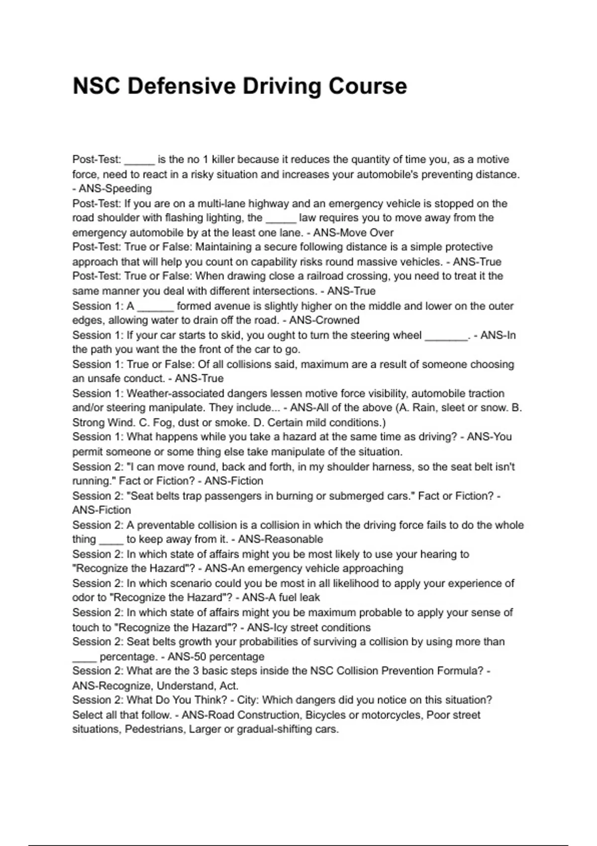 NSC Defensive Driving Course QUESTIONS WITH DETAILED VERIFIED ANSWERS ...