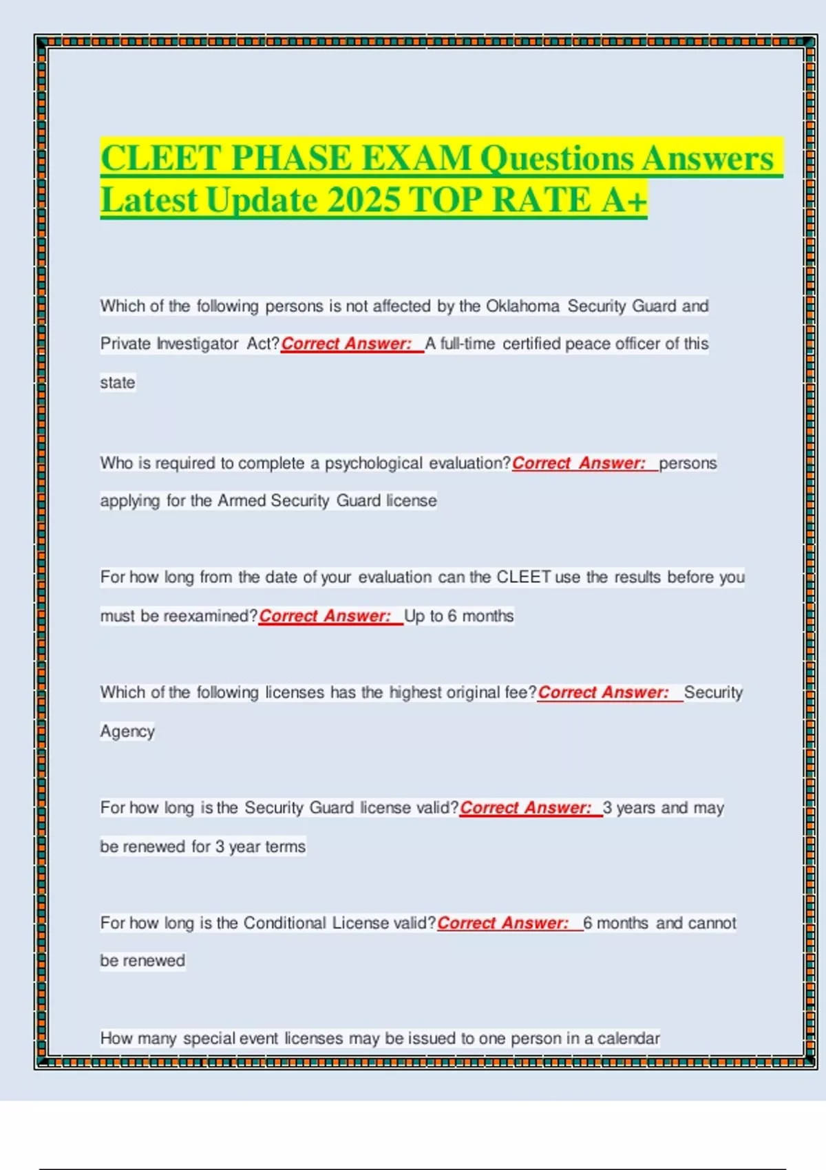 CLEET PHASE EXAM Questions Answers Latest Update 2025 TOP RATE A+ ...