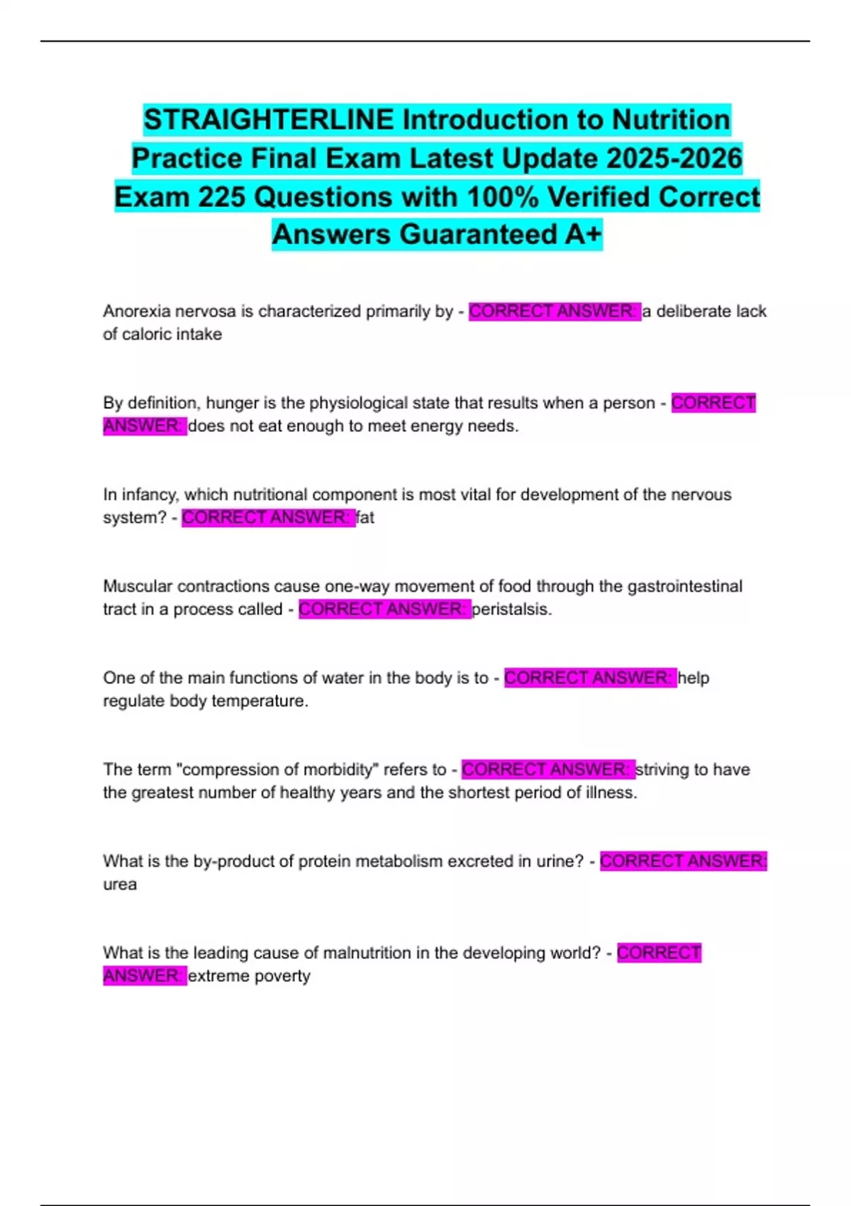 STRAIGHTERLINE Introduction to Nutrition Practice Final Exam Latest ...