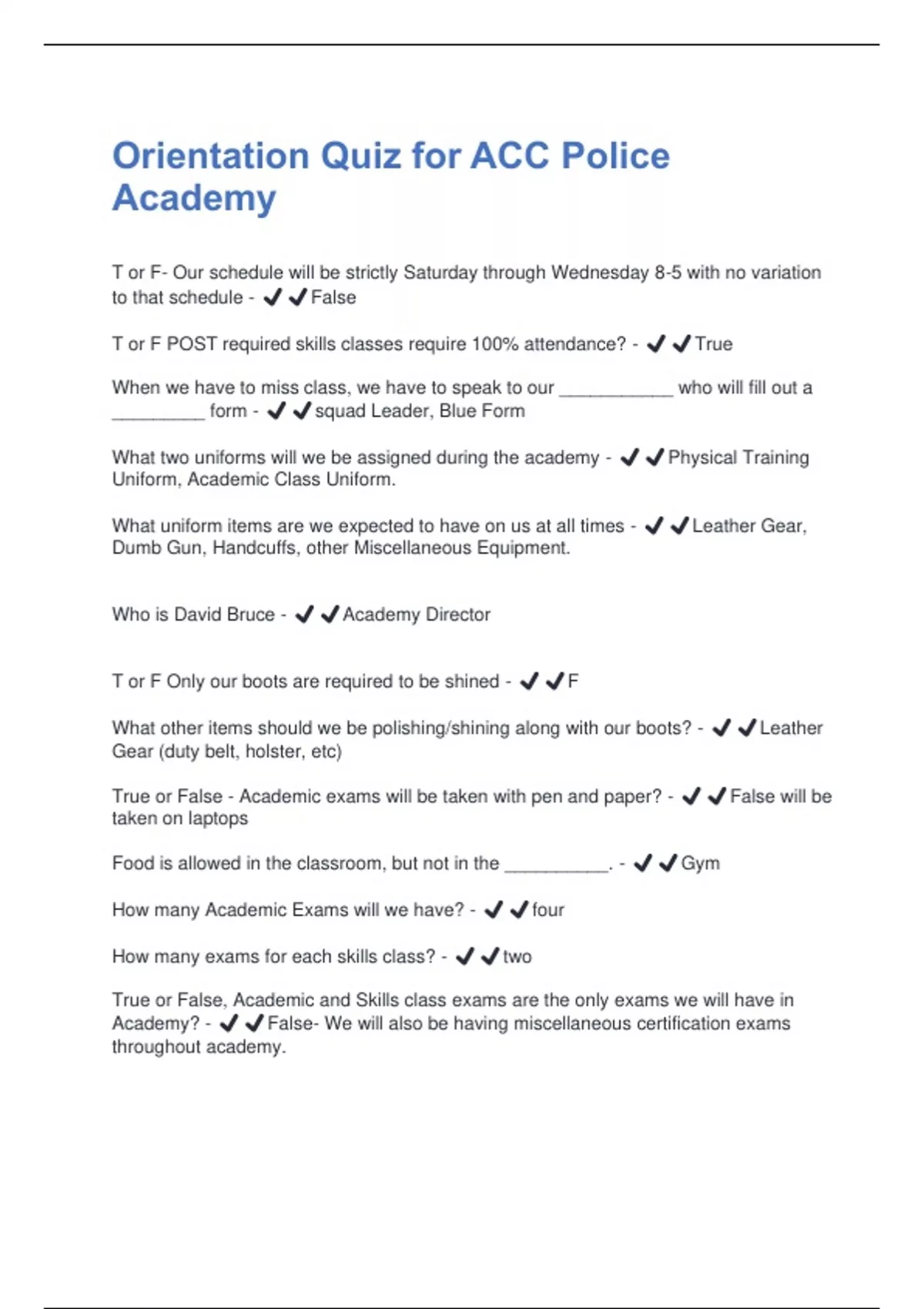 Orientation Quiz for ACC Police Academy Questions and Answers | 2025 ...