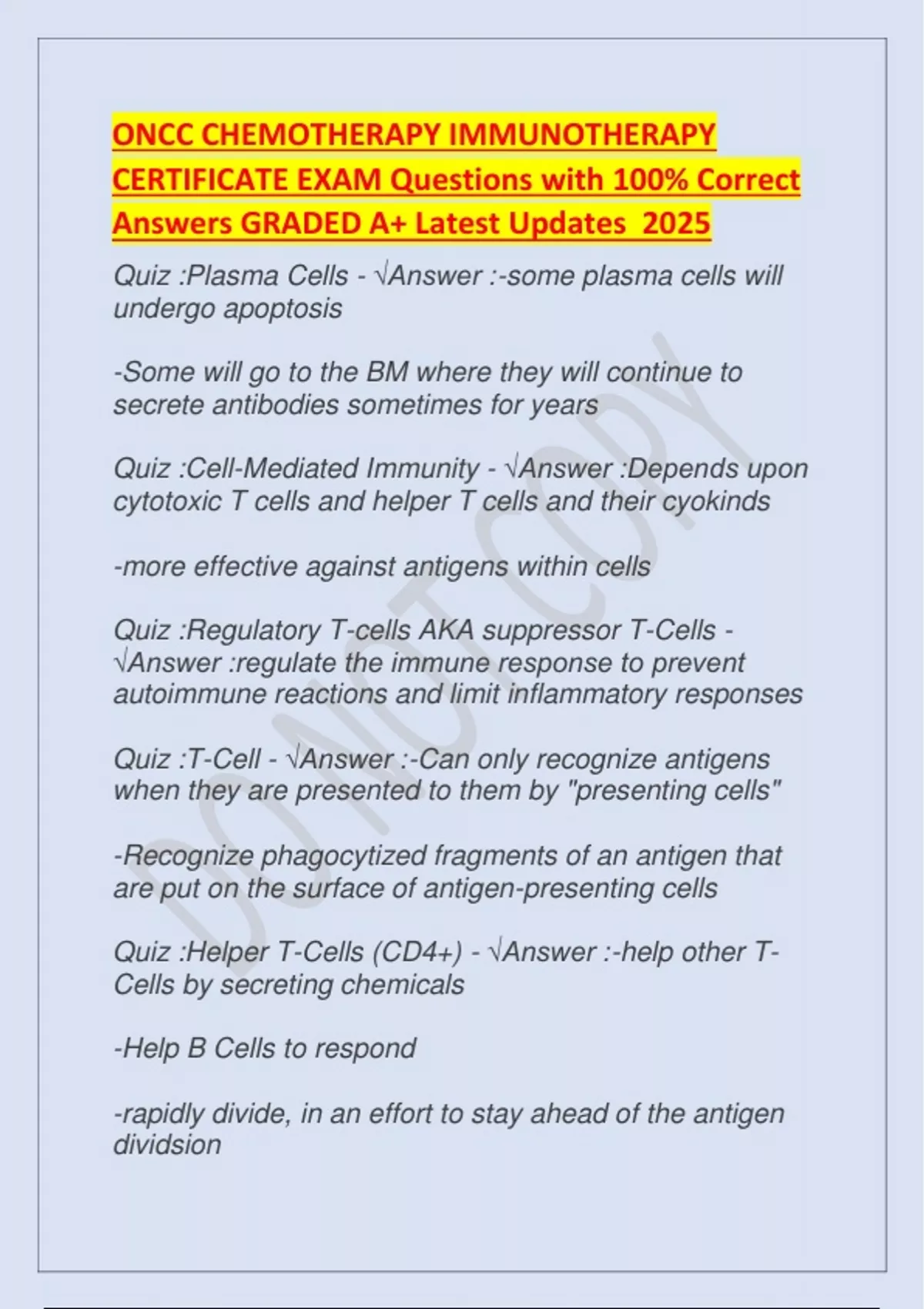 ONS ONCC CHEMOTHERAPY IMMUNOTHERAPY CERTIFICATE EXAM Questions and ...