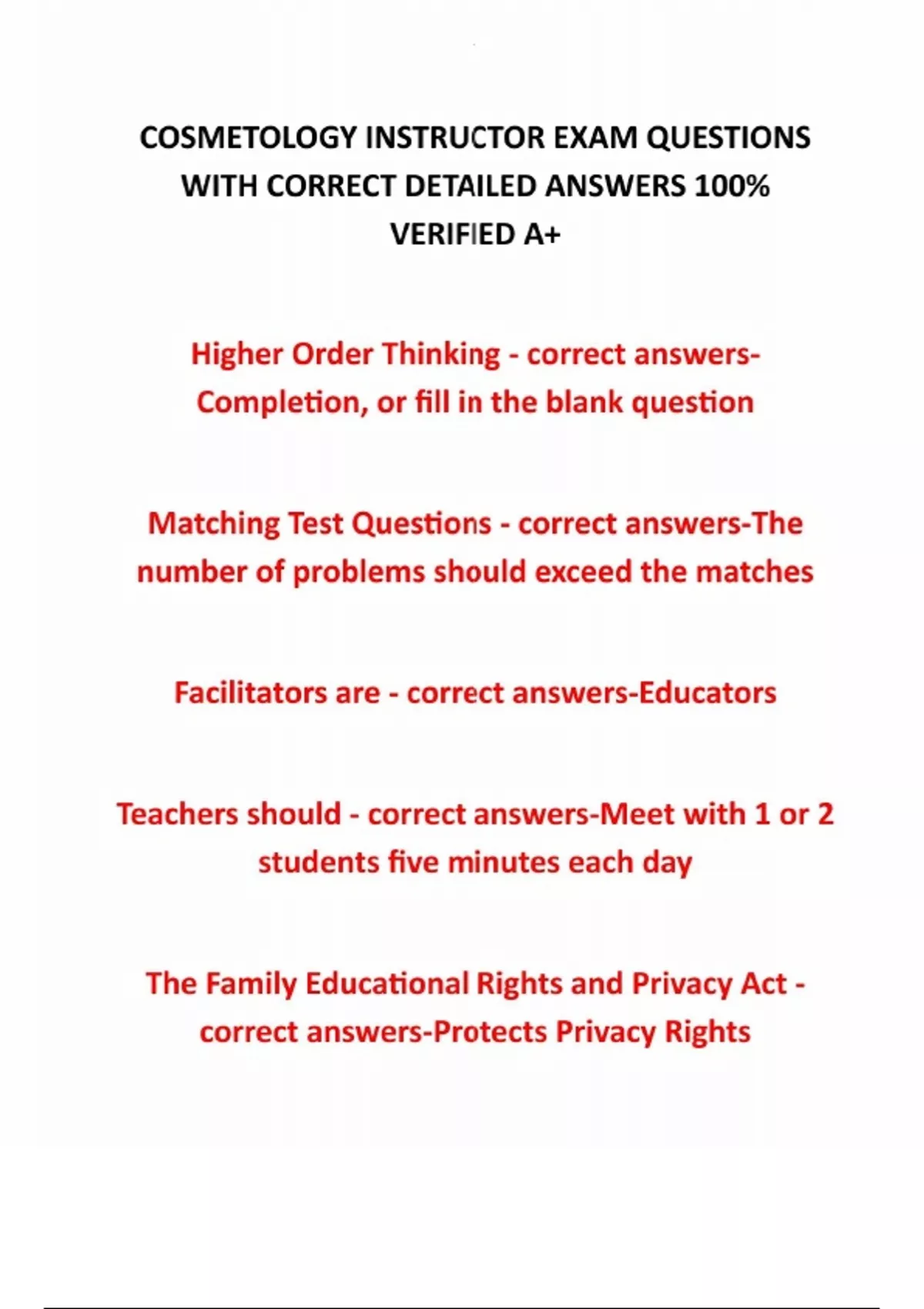 COSMETOLOGY INSTRUCTOR EXAM QUESTIONS WITH CORRECT DETAILED ANSWERS 100 ...