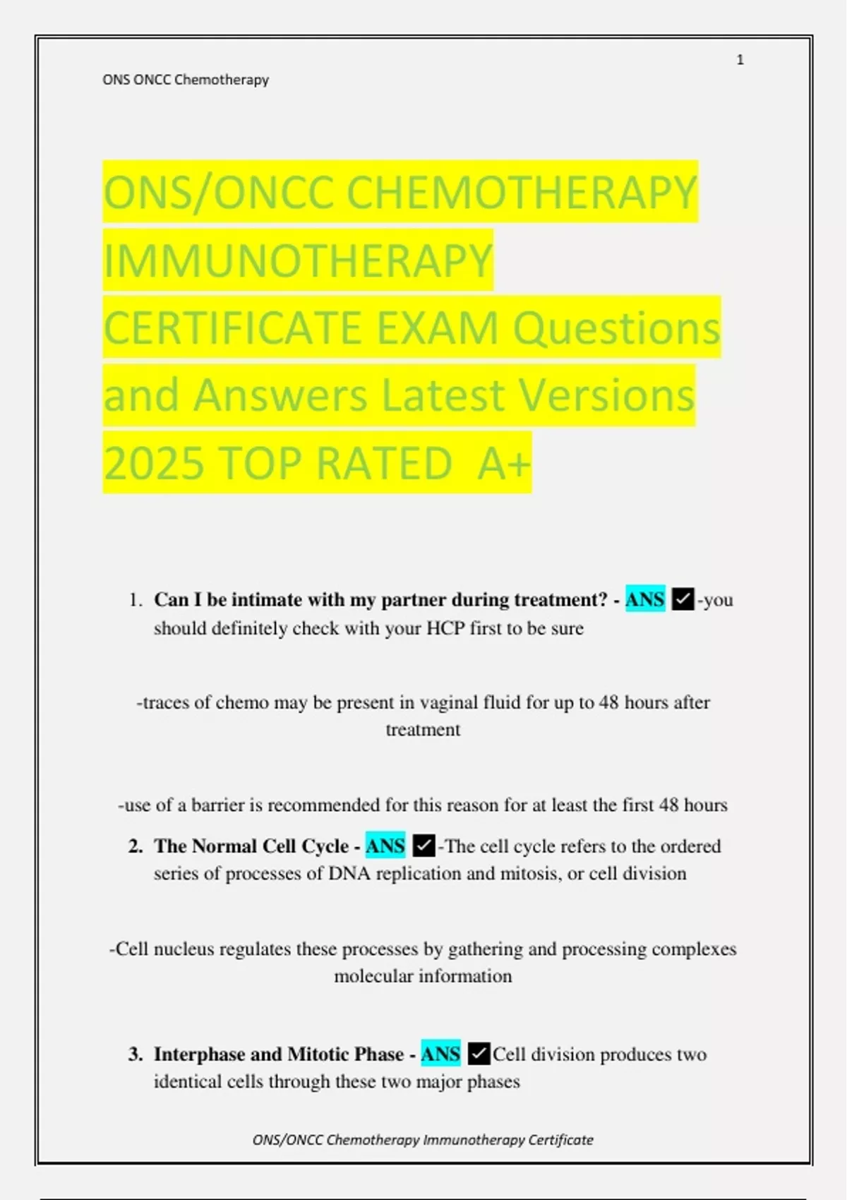 ONS ONCC CHEMOTHERAPY IMMUNOTHERAPY CERTIFICATE EXAM Questions and ...