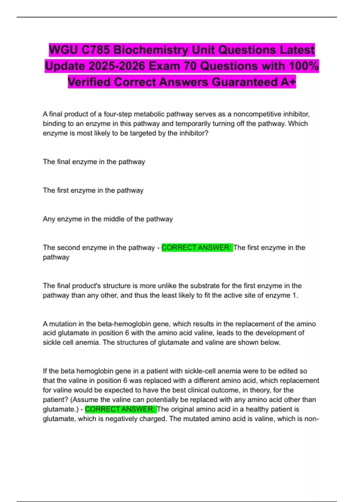 WGU C785 Biochemistry Unit Questions Latest Update Exam 70 Questions ...