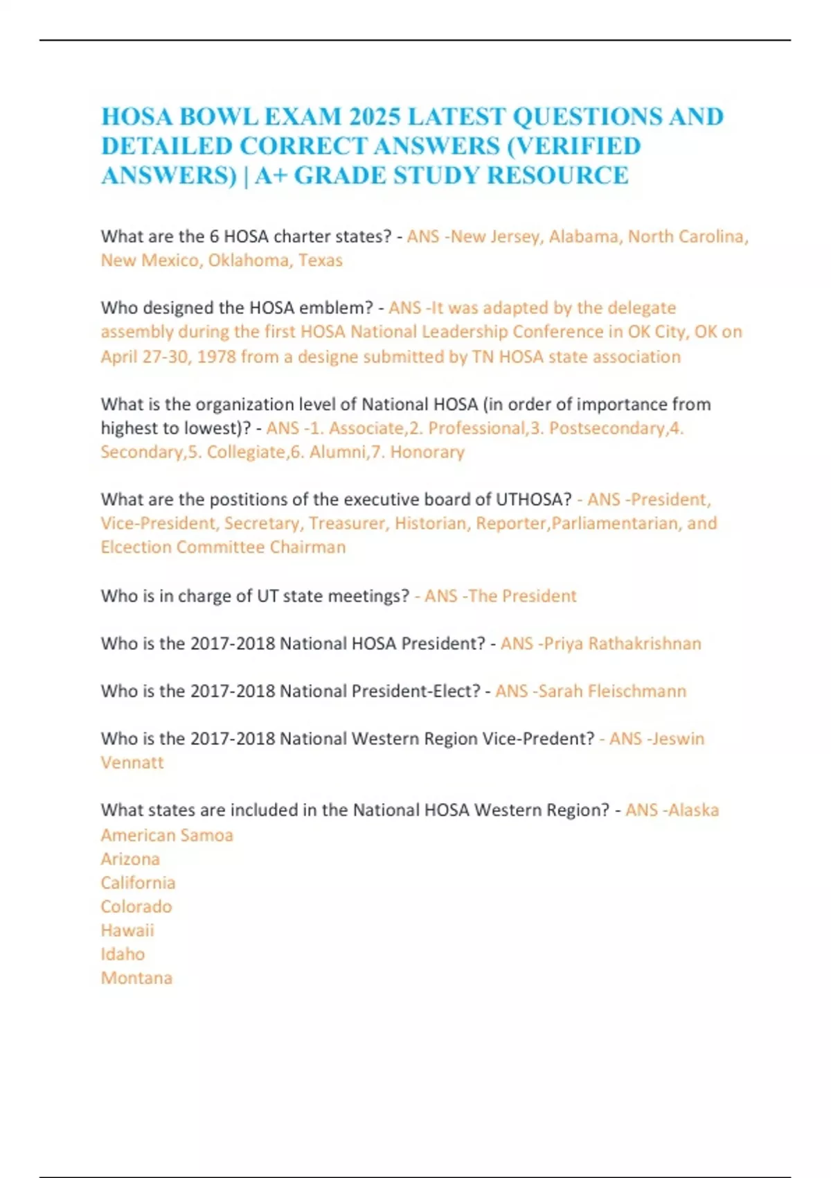 HOSA BOWL EXAM 2025 LATEST QUESTIONS AND DETAILED CORRECT ANSWERS ...