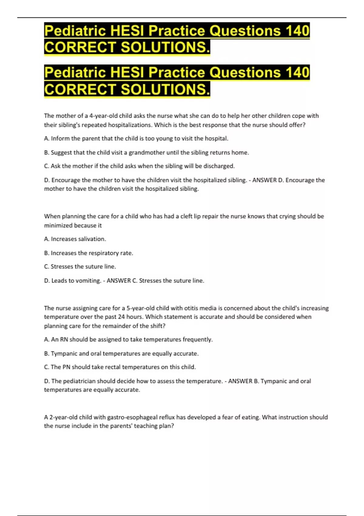 Pediatric HESI Practice Questions 140 CORRECT SOLUTIONS. - Pediatrics ...