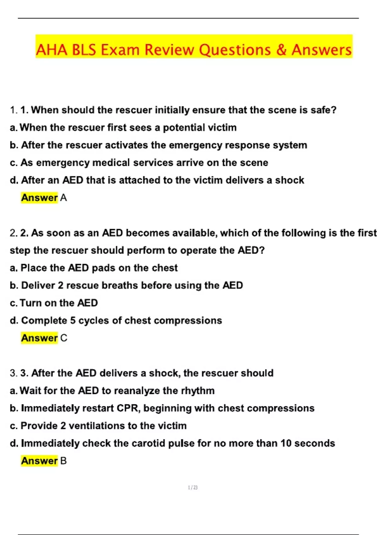 AHA BLS Exam Review (Latest 2025 / 2026 Update) Questions and Verified ...