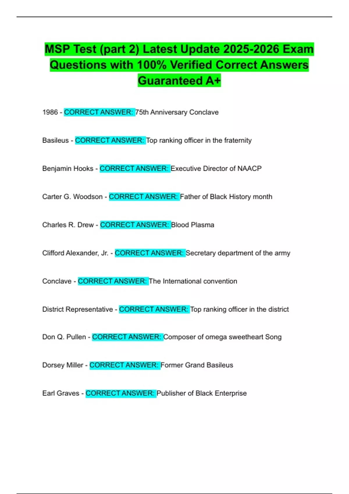MSP Test (part 2) Latest Update Exam Questions with 100% Verified ...