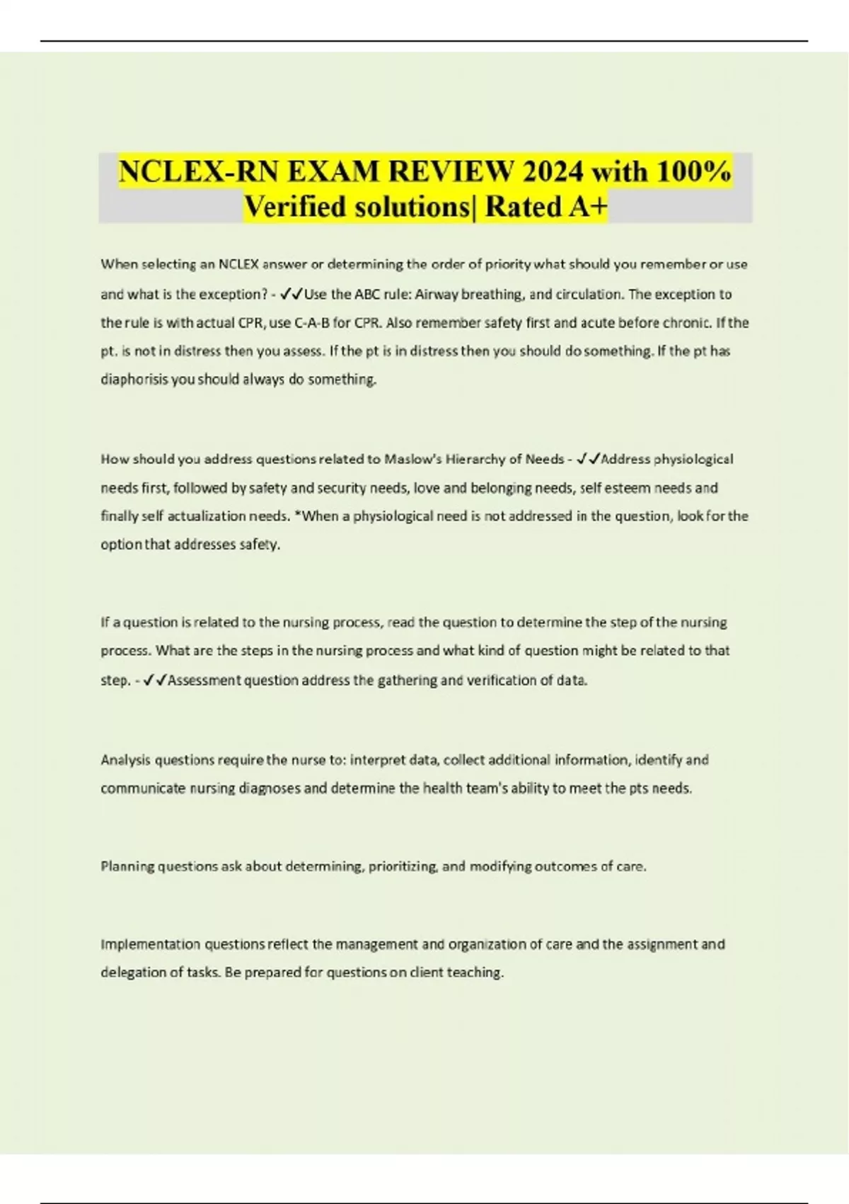 NCLEX-RN EXAM REVIEW 2024 with 100% Verified solutions Rated A+ - NCLEX ...