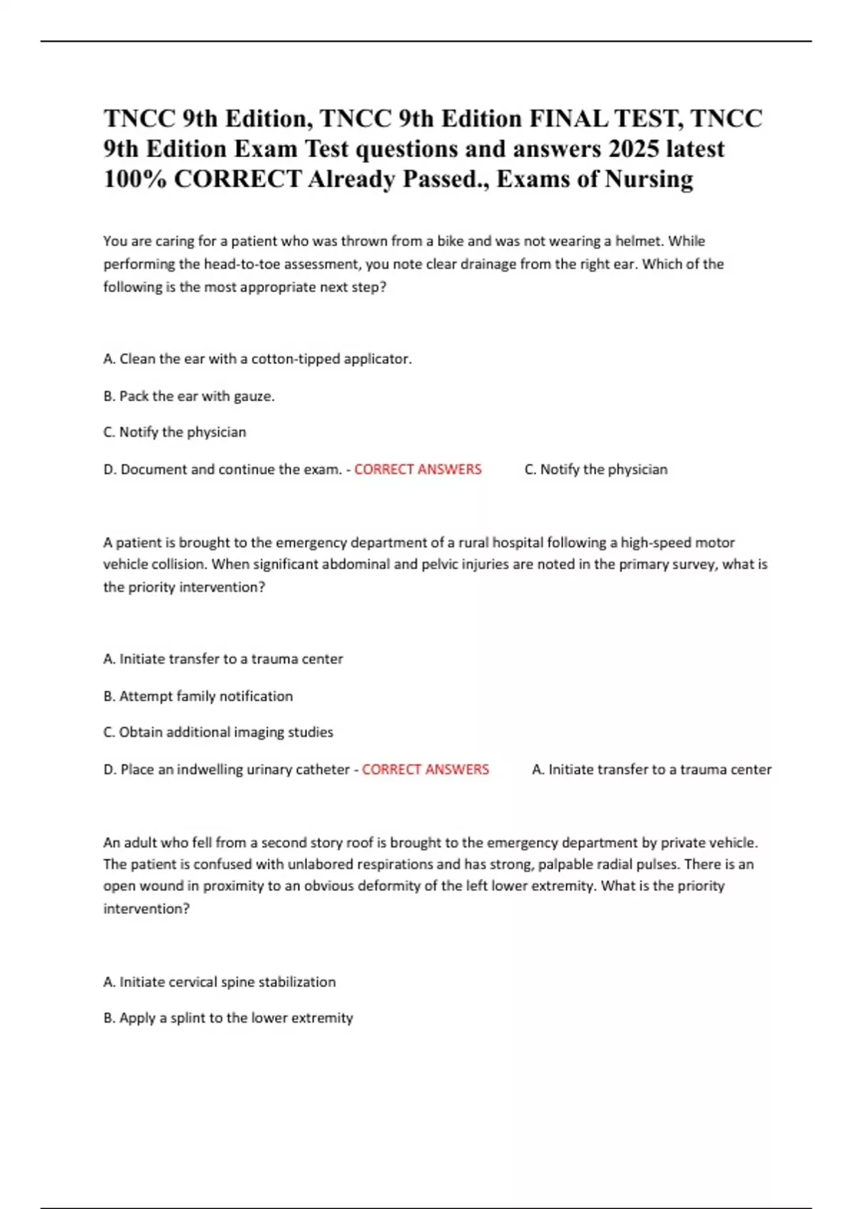 TNCC 9th Edition, TNCC 9th Edition FINAL TEST, TNCC 9th Edition Exam ...