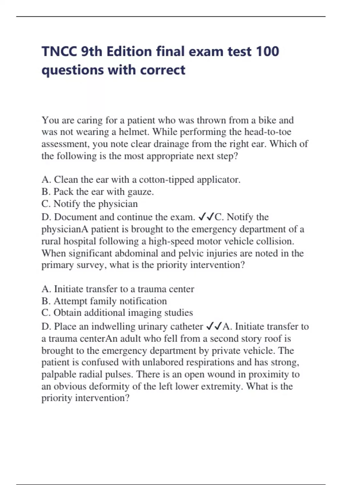 TNCC 9th Edition final exam test 100 questions with correct - TNCC 9th ...