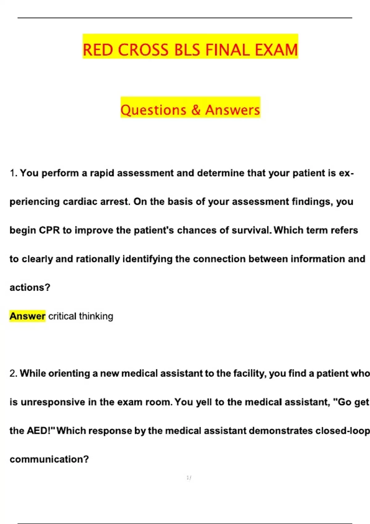 BLS FINAL EXAM RED CROSS (LATEST 2025 / 2026 UPDATE) QUESTIONS ...