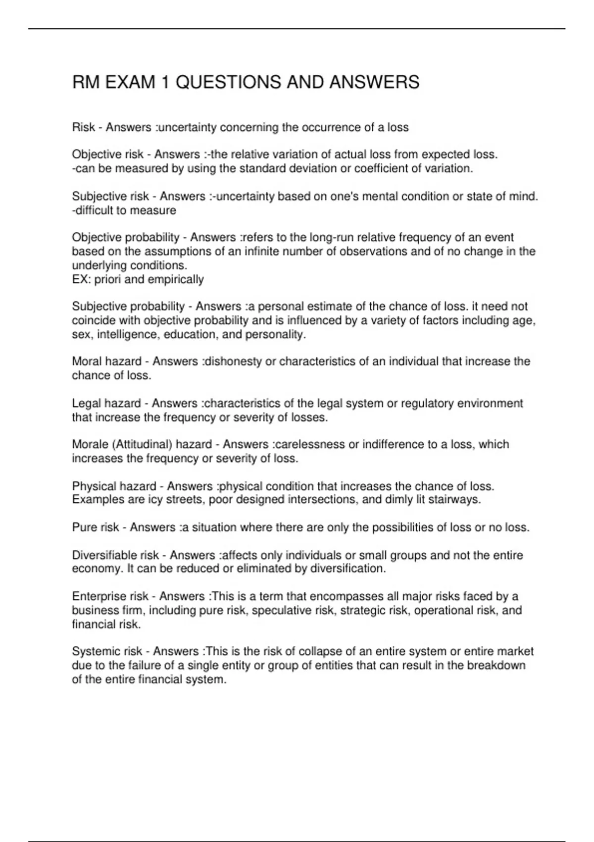 RM EXAM 1 QUESTIONS AND ANSWERS - RM . - Stuvia US