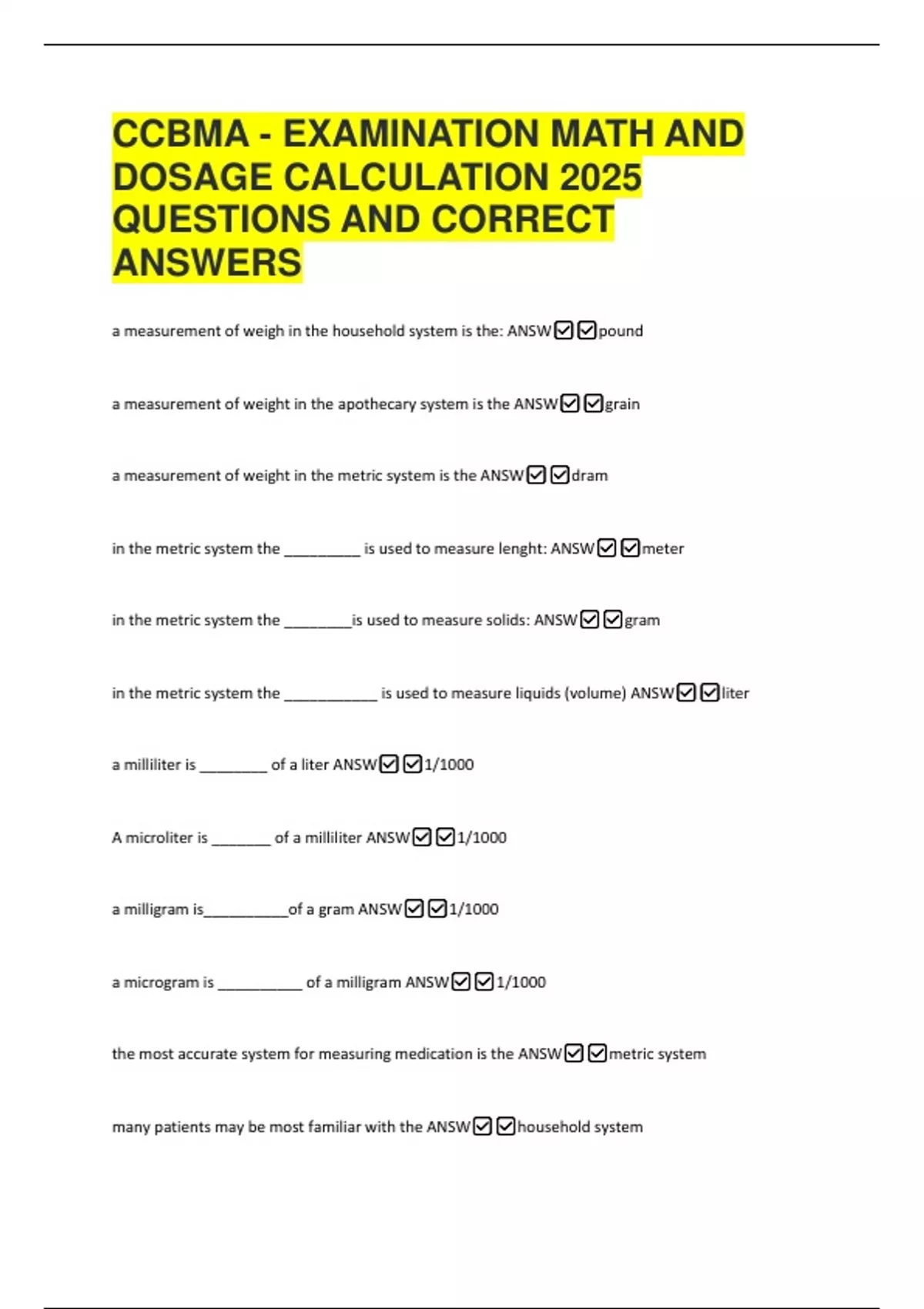 CCBMA - EXAMINATION MATH AND DOSAGE CALCULATION 2025 QUESTIONS AND ...