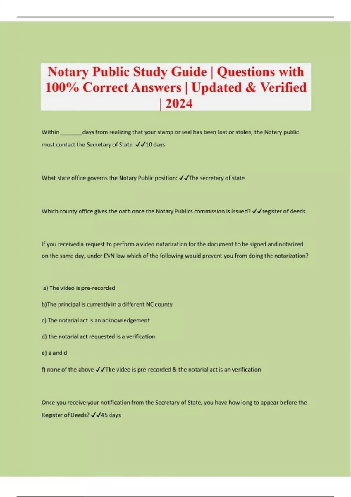 Notary Public Study Guide | Questions with 100% Correct Answers ...
