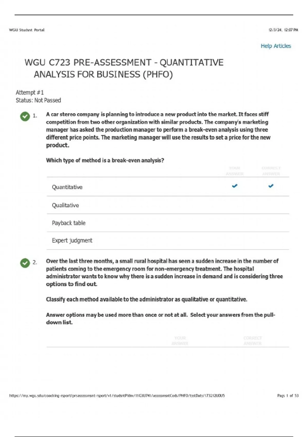 WGU C723 PRE-ASSESSMENT - QUANTITATIVE ANALYSIS FOR BUSINESS (PHFO ...