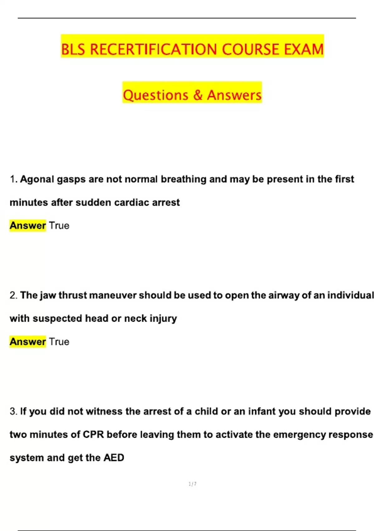 BLS Recertification Course Exam Actual 2025 Questions and Answers (2025 ...